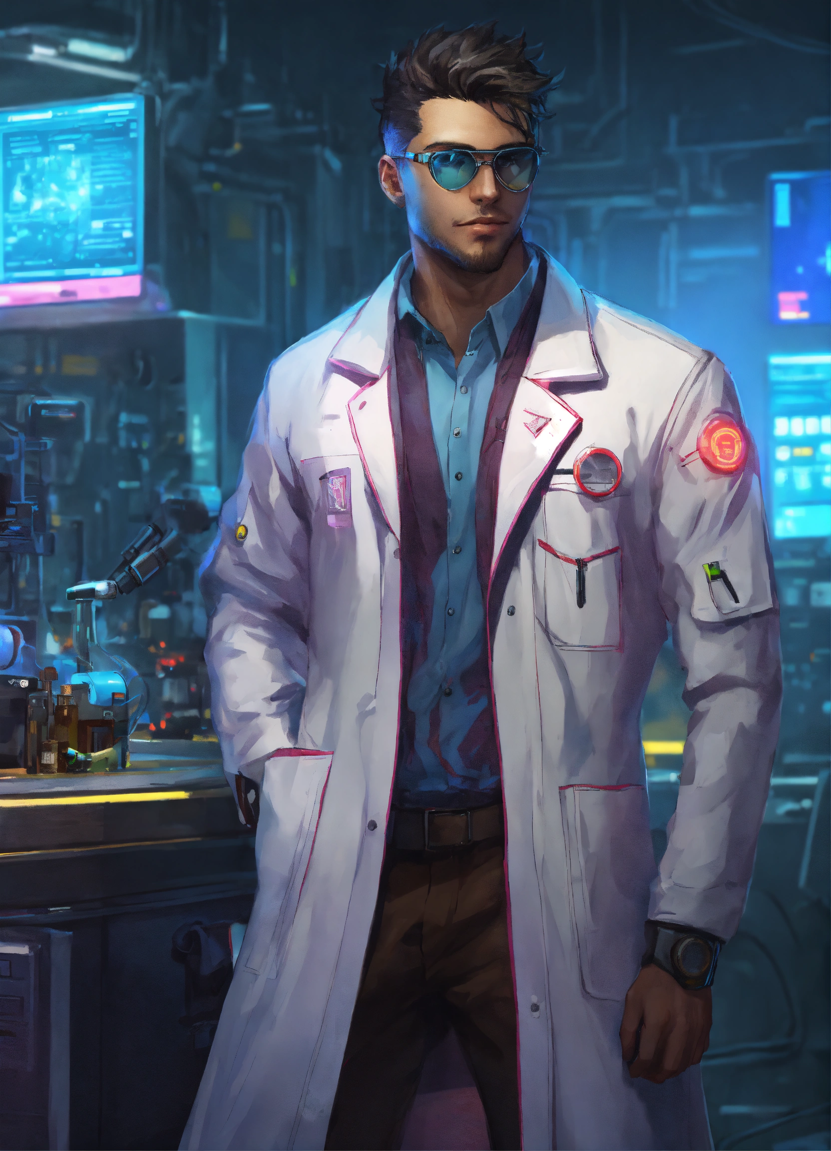 Lexica - Male sneaky cyberpunk lab assistant in a lab coat