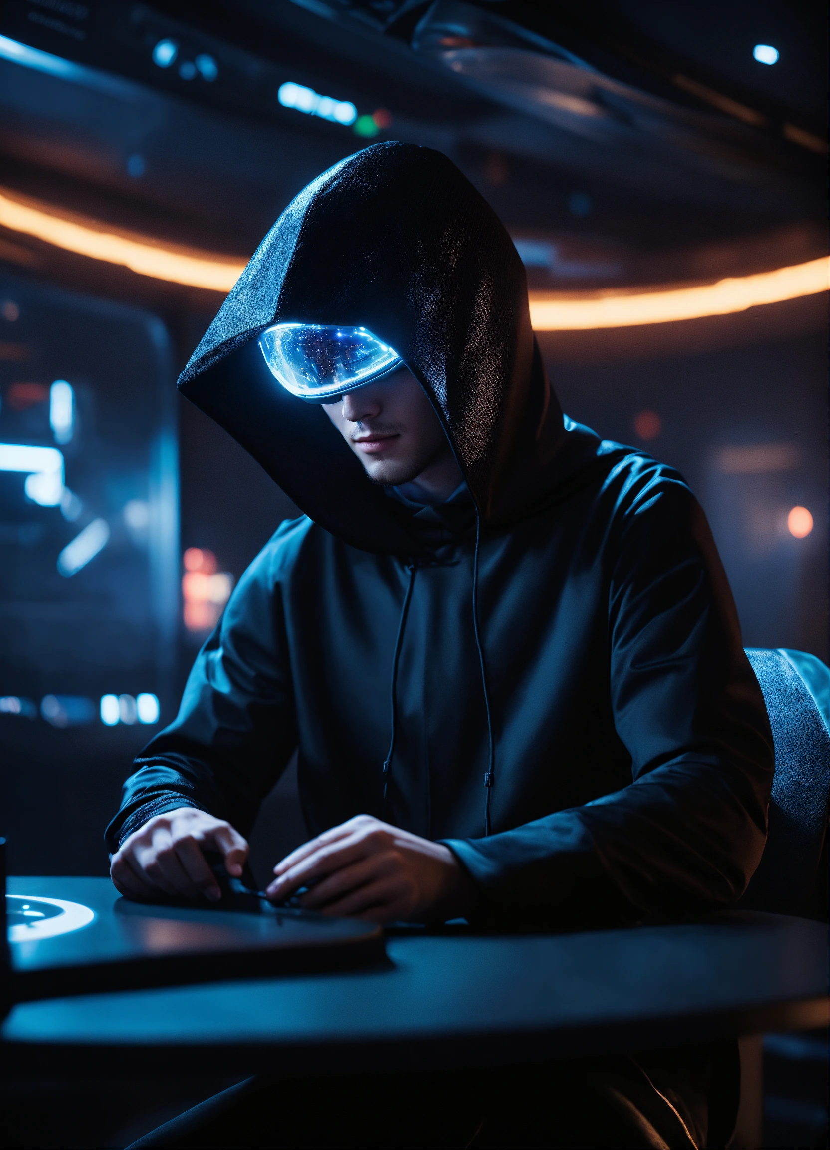 Lexica - Nerdy 25 year old male hacker wearing futuristic black cloak ...
