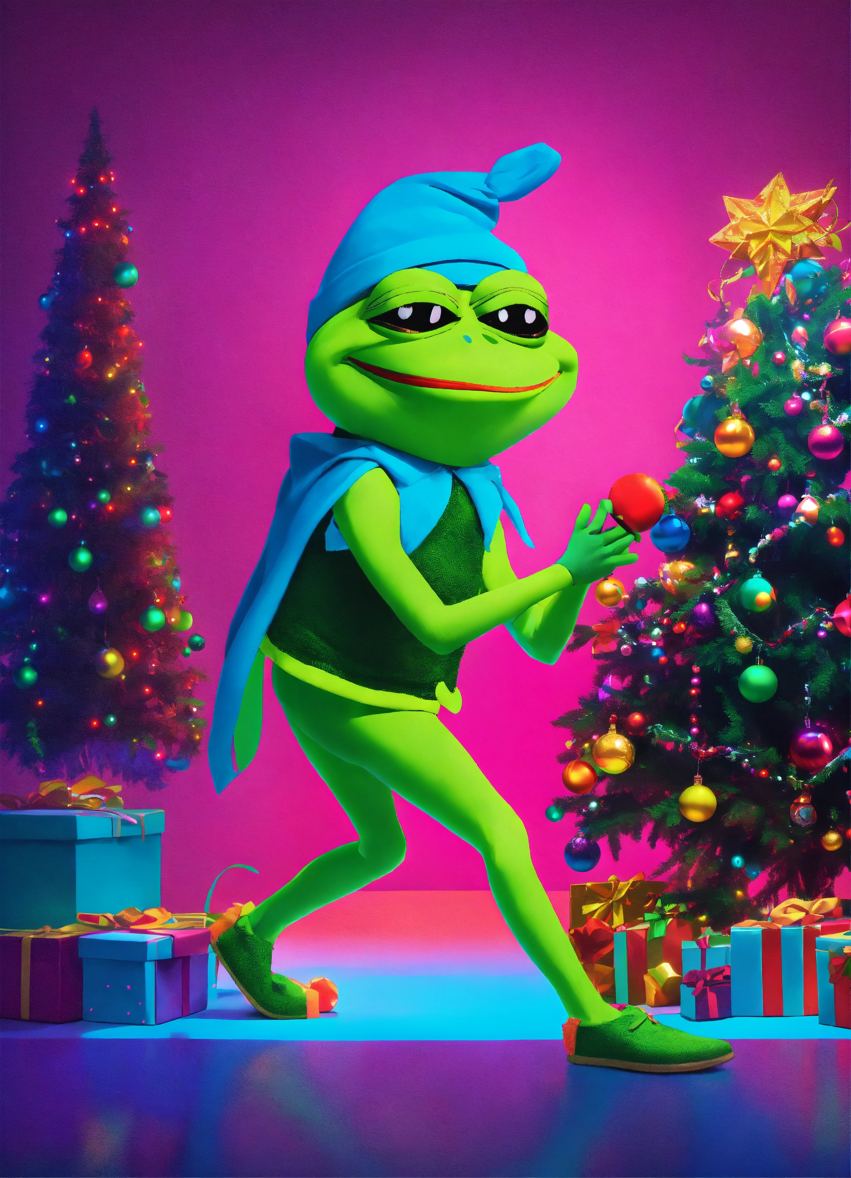 Lexica - Elves attempting viral dance moves, knocking over the Christmas tree, vibrant neon ...