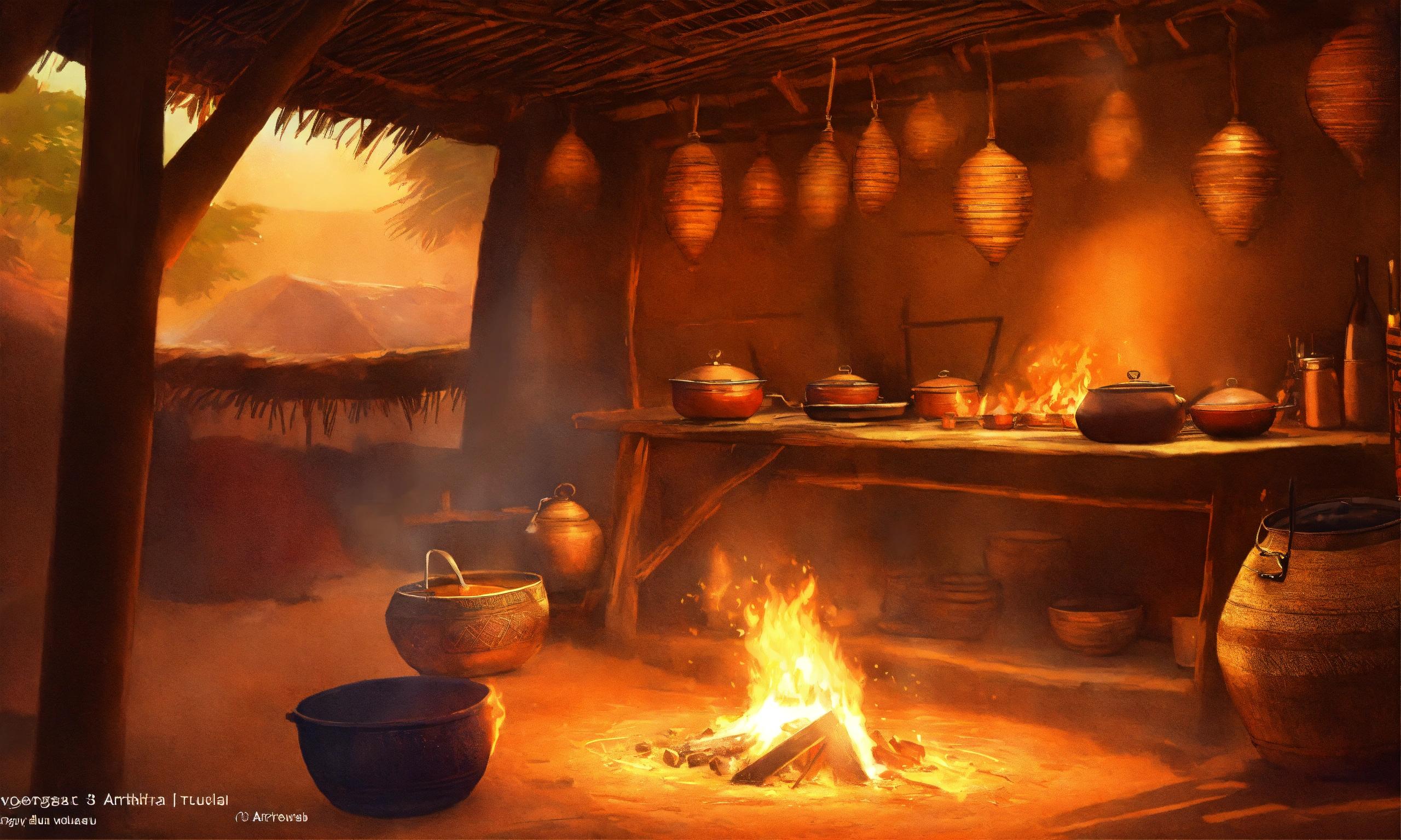 Lexica - Inside african tribal hut at night, basic utensils and cooking ...