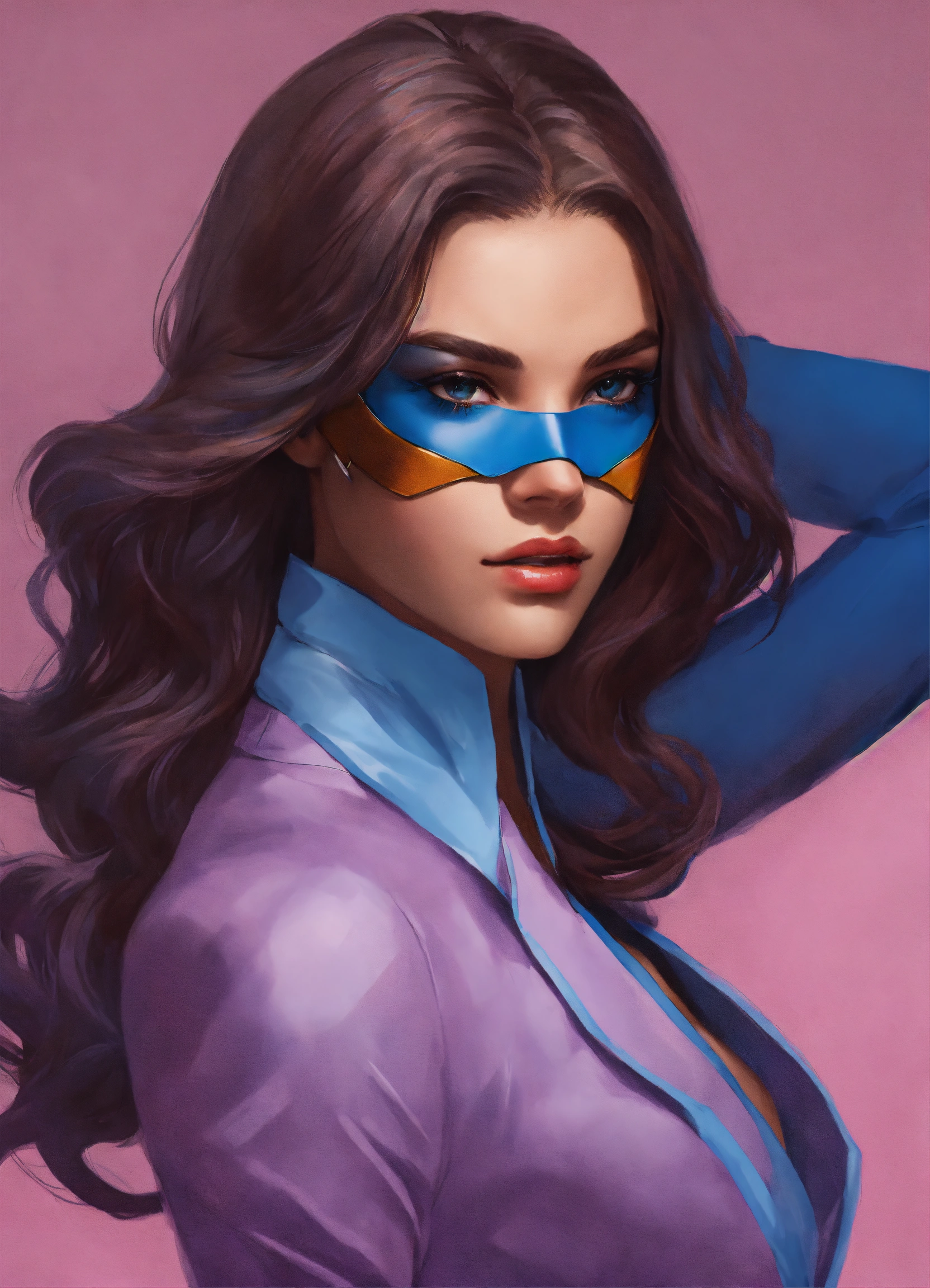 Lexica - Create a super heroine with dark brown hair and a lilac blue ...