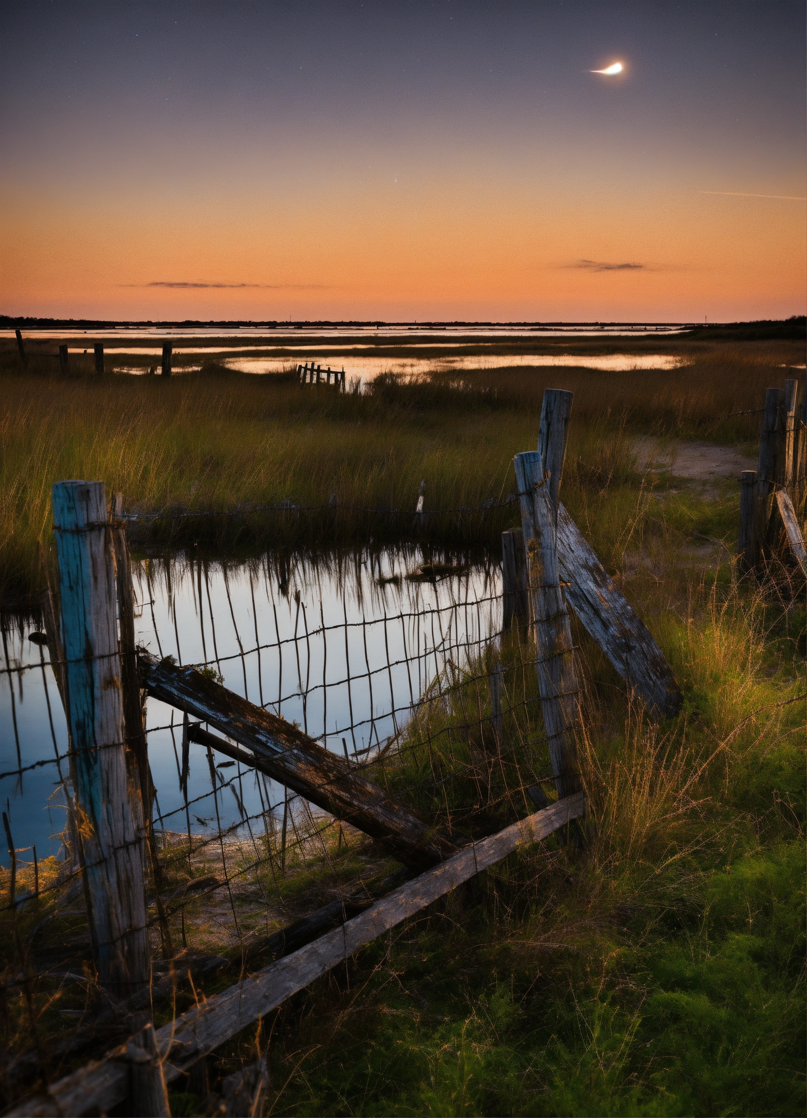 Lexica - Norfolk marshy beach at night, rickety old fence