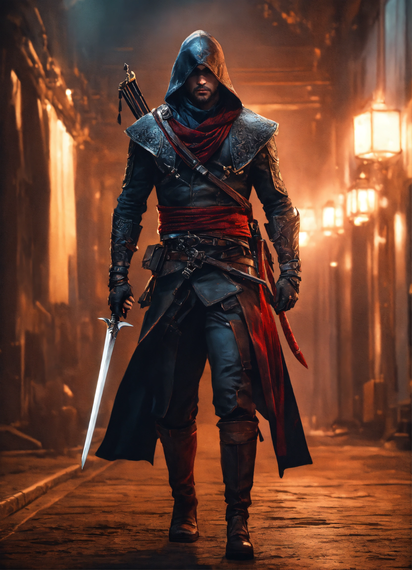 Lexica - A realistic full body portrait of a male assasin, daggers ...