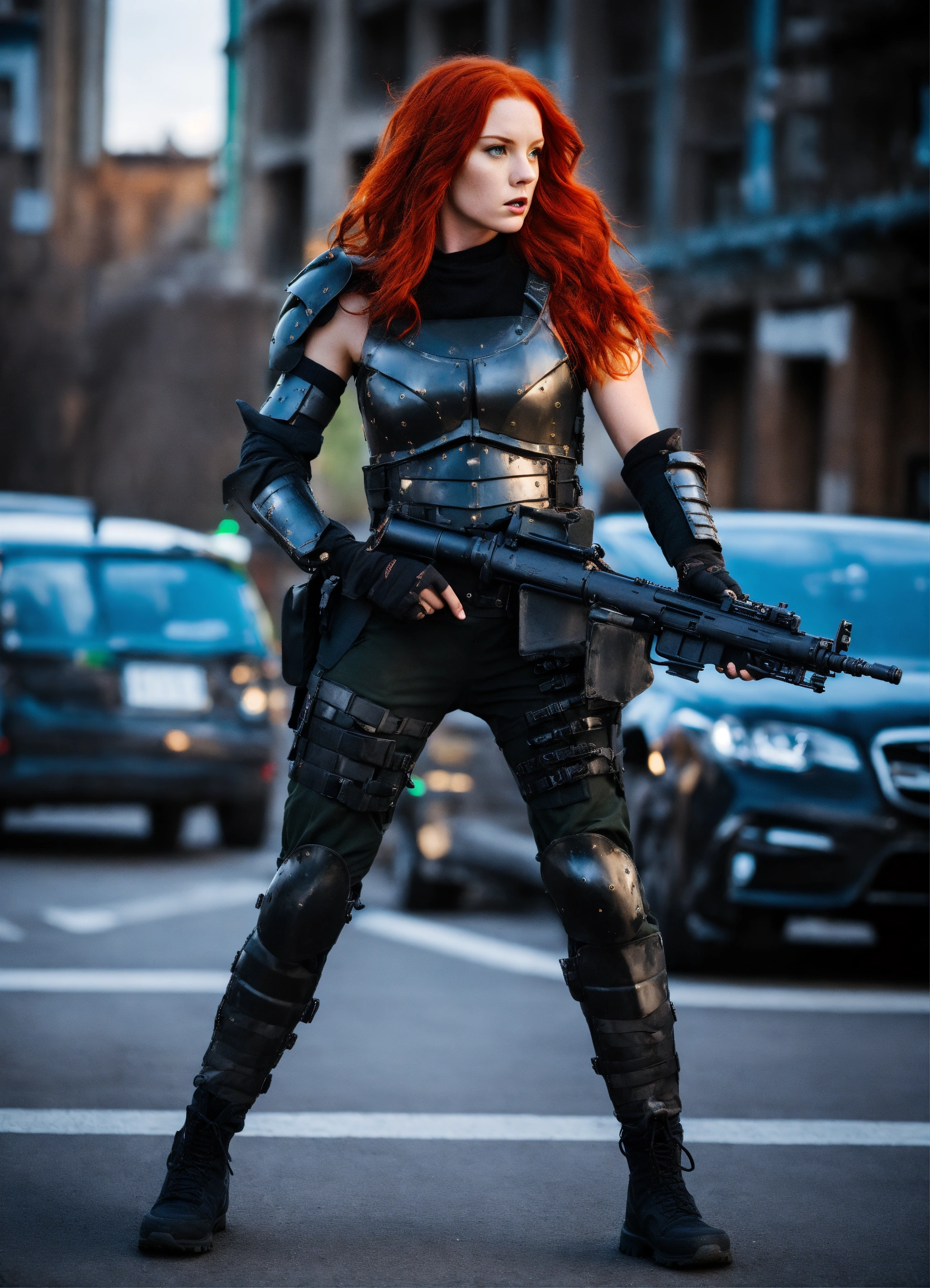 Lexica - Female athletic red hair model wearing black metal military ...