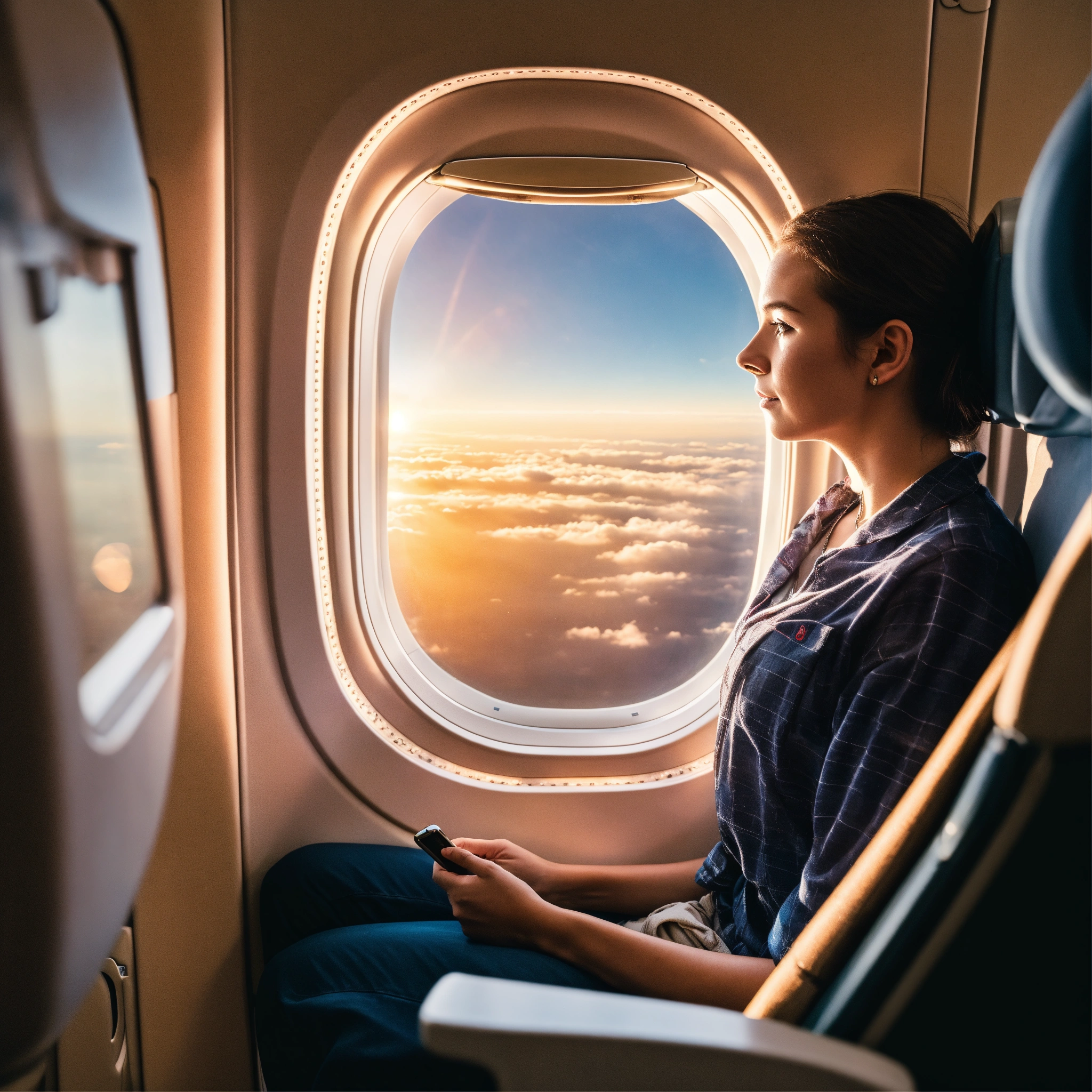 Lexica - A photo of a passenger sitting in an airplane. The passenger ...