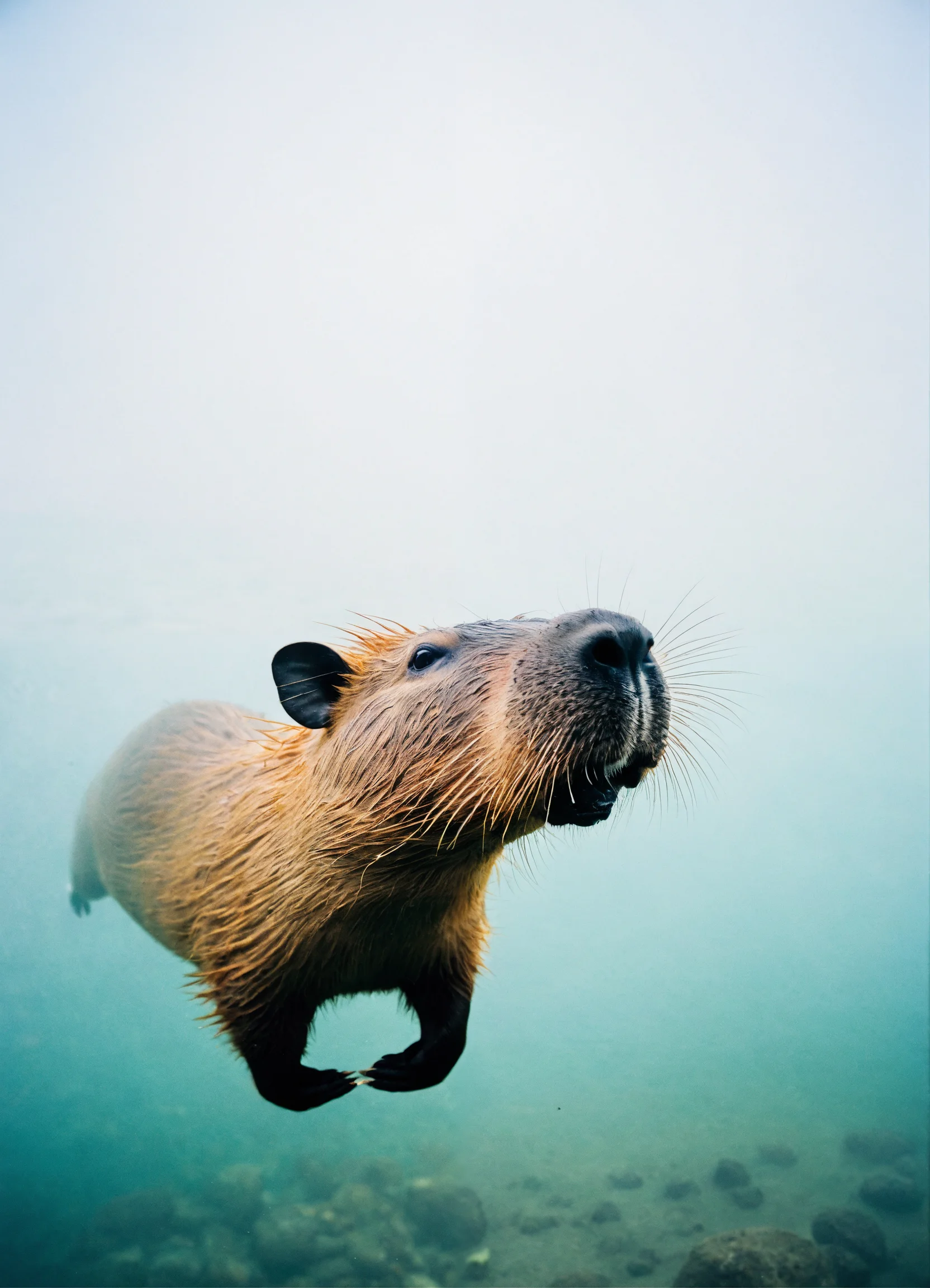 Lexica - A cute capybara swimming in the ocean, portra 400, wide angle ...