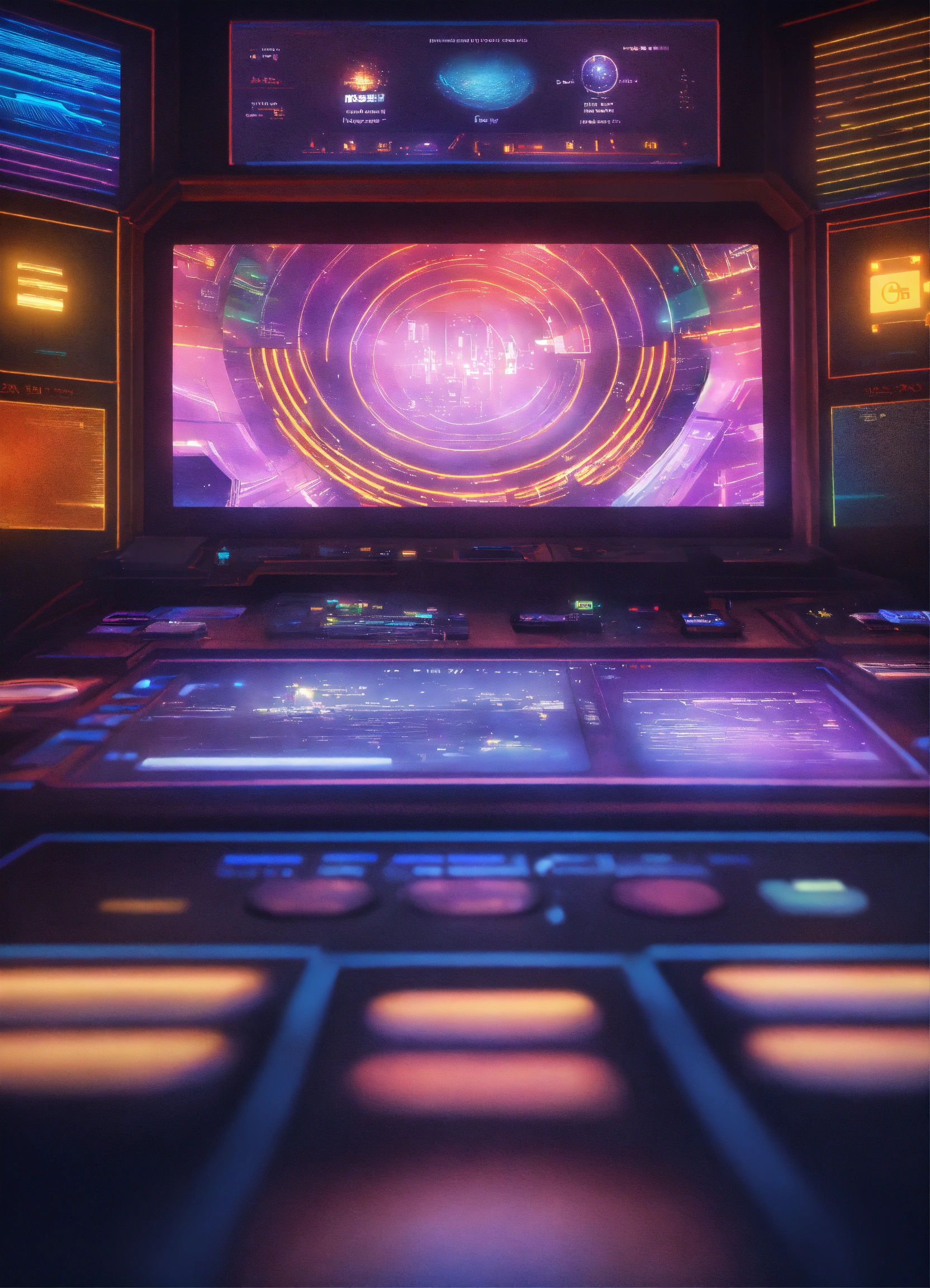 Lexica - Close up of 1 big screen in the center of a bunch of big ...