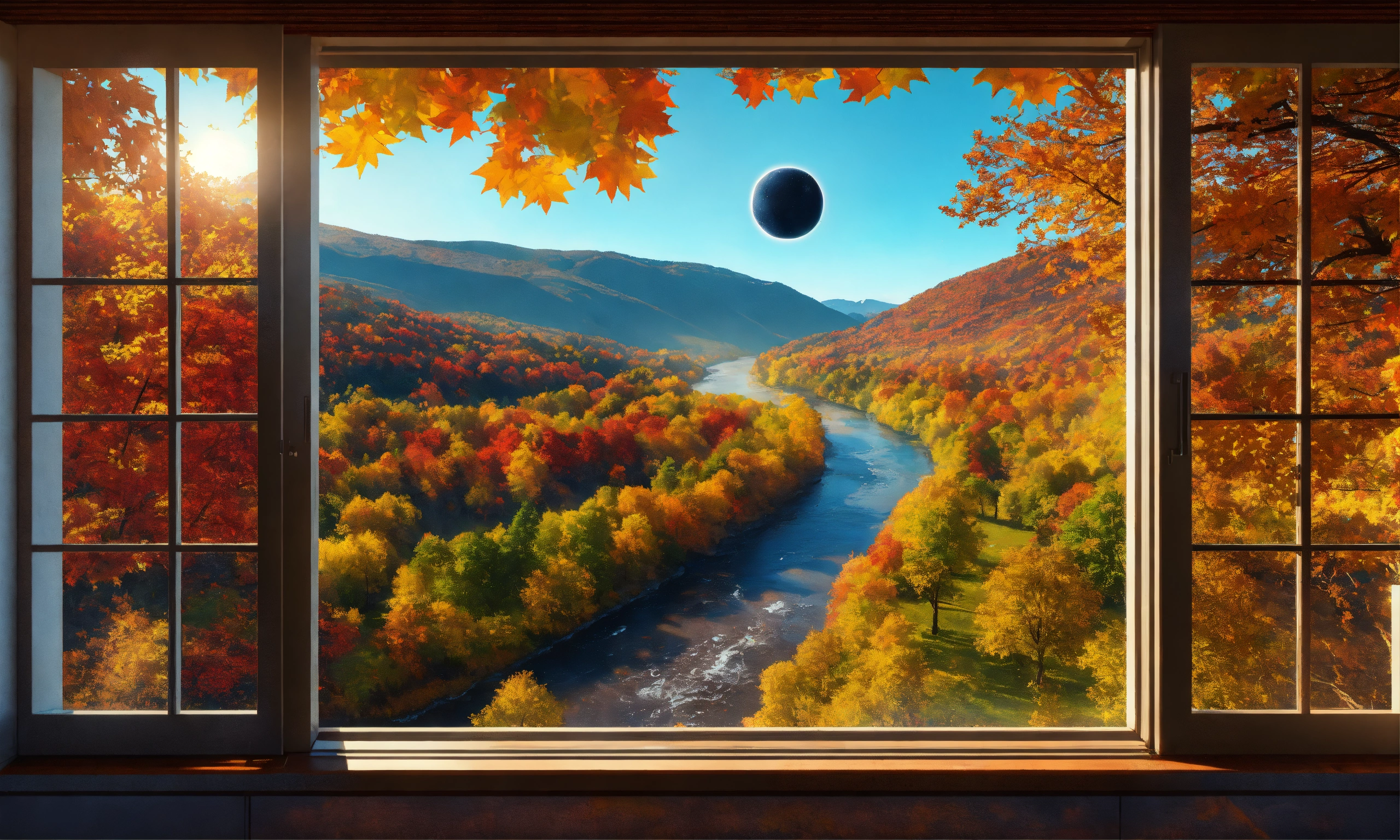 Lexica - Looking out through a window overlooking a valley with a river ...