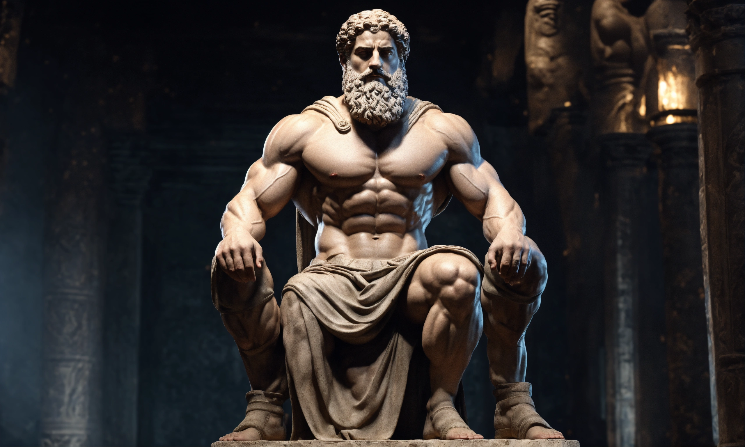 Lexica - Strong stoic man, full body, muscle, stoic sculpture,dark ...
