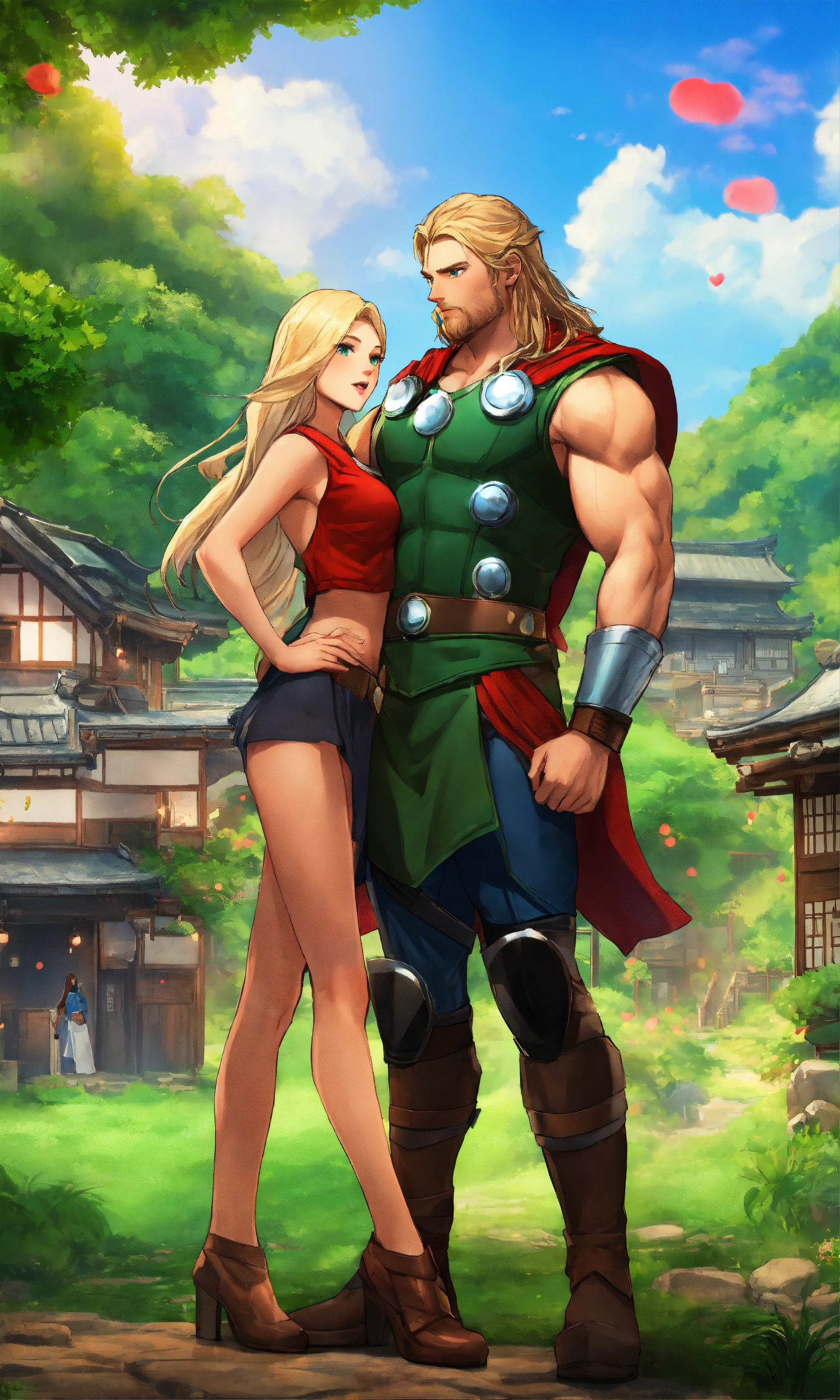 Lexica - Thor with his hot girlfriend with long hair in Japan beautiful village, 2D render ...