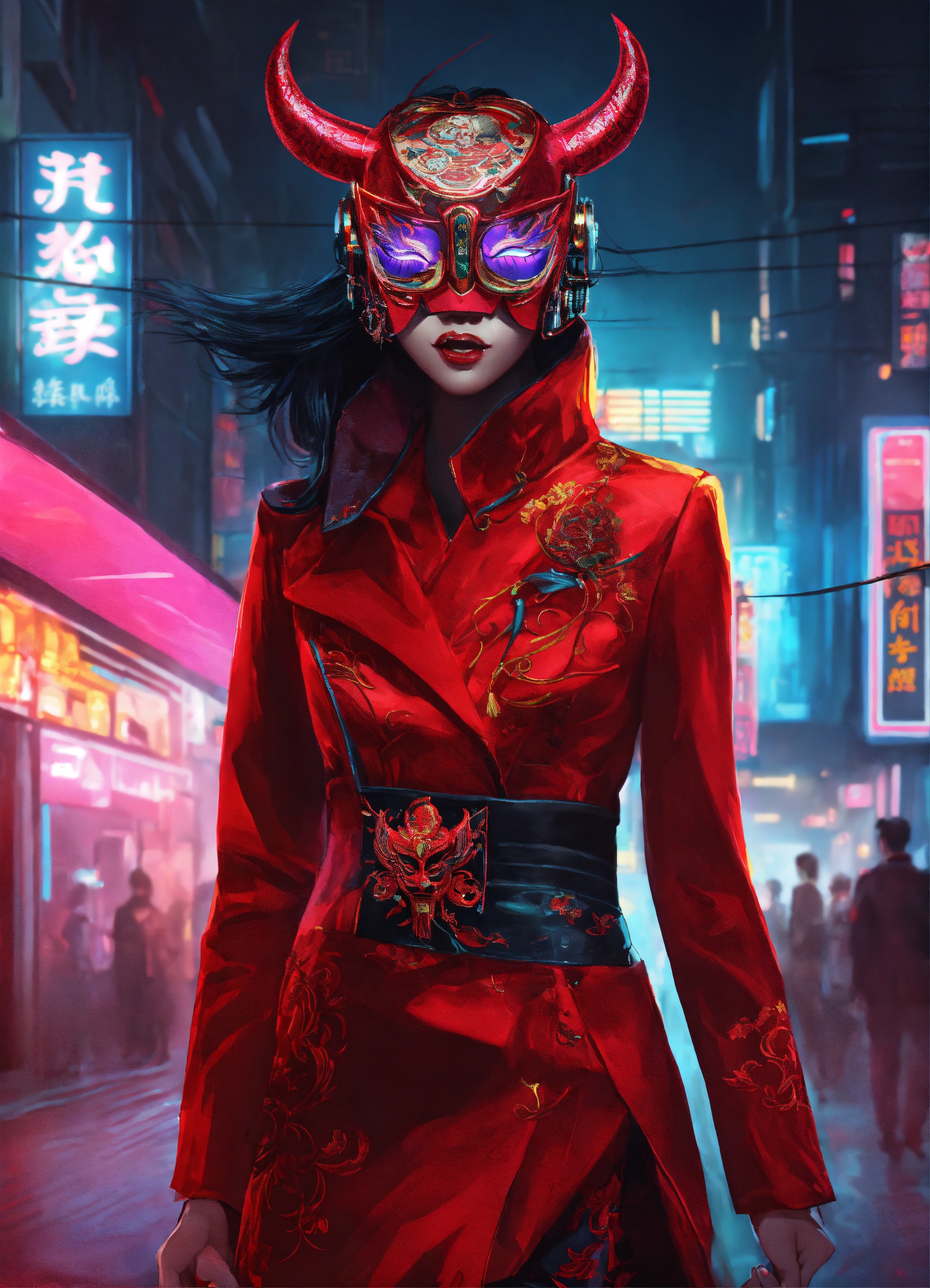 Lexica - Chinese cyberpunk in glamorous with Chinese devil mask at a ...