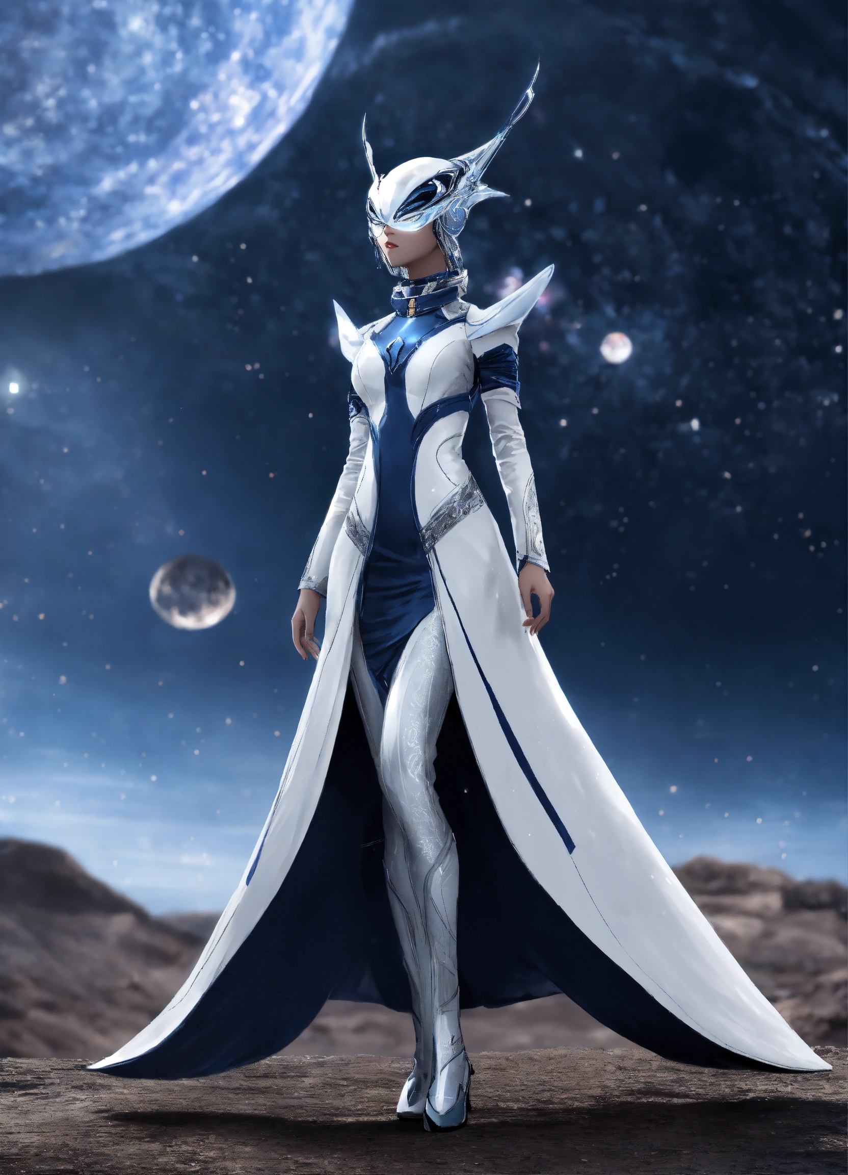 Lexica - A Alien, Alienrace female Alien_goddess beauty longdress colore navy blue shiny white ...