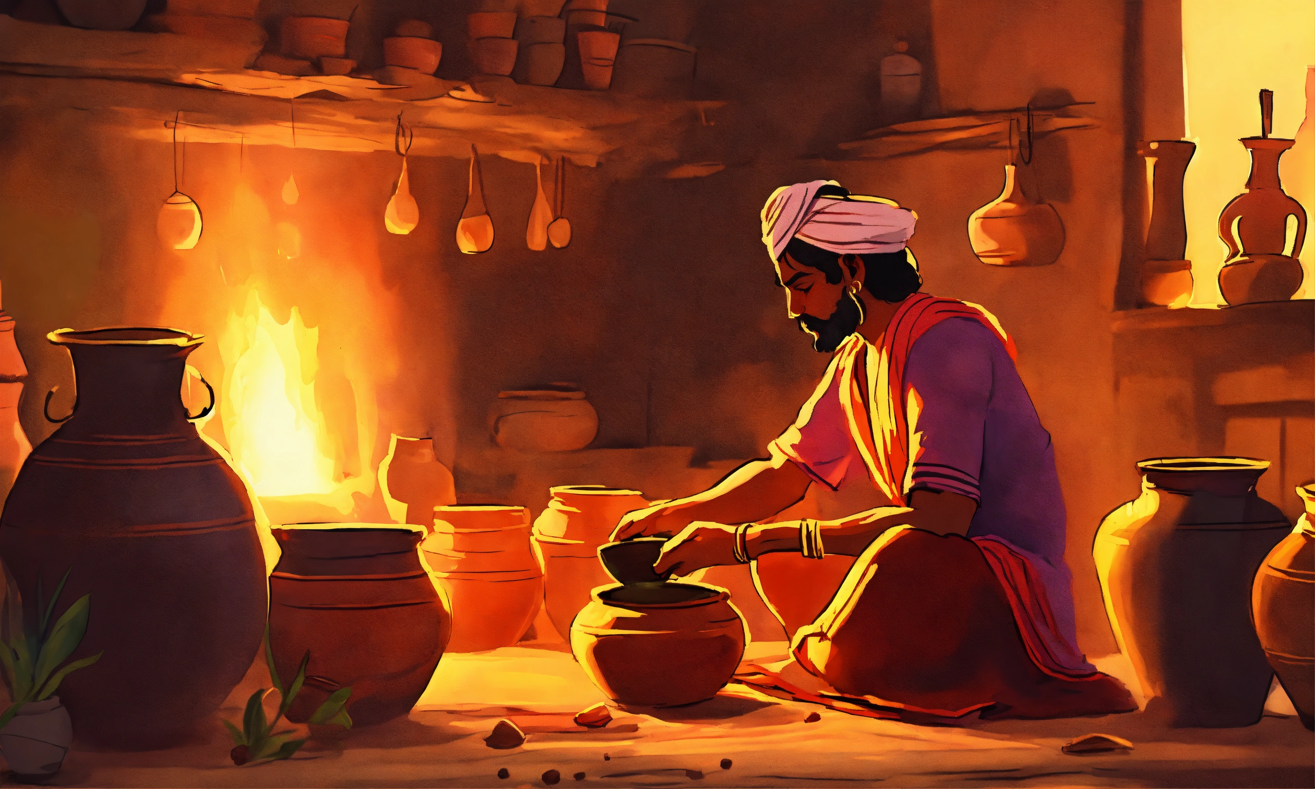 Lexica - A hand drawn painting of an Indian potter making pots, 4K ...