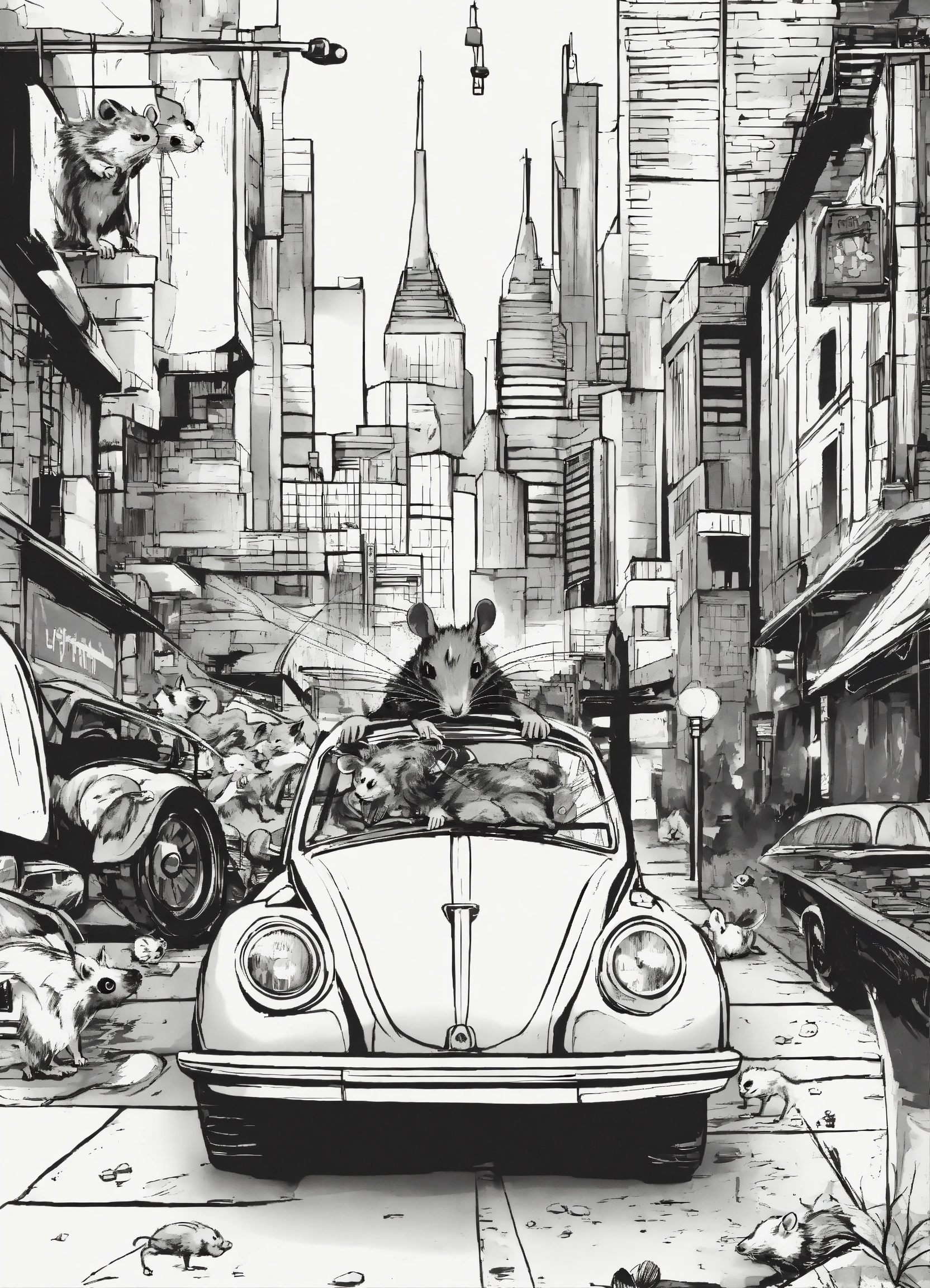 Lexica - Rat punk city, black and white, white background, no ...