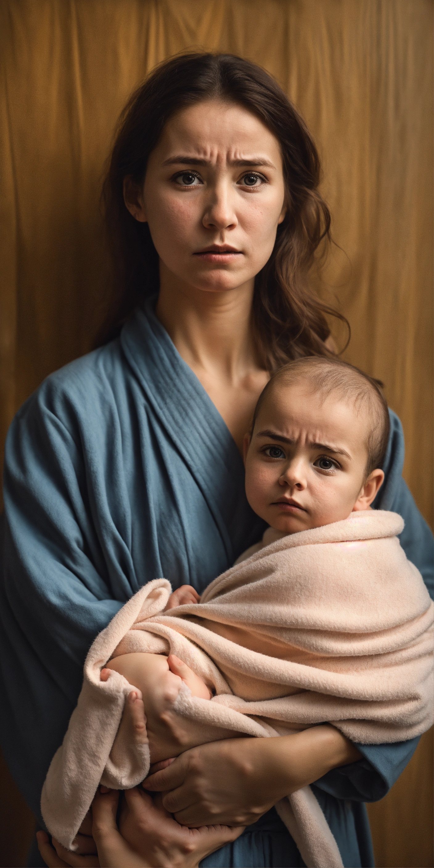 Lexica - A sad woman in a housecoat with a sad and pitiful face holds ...