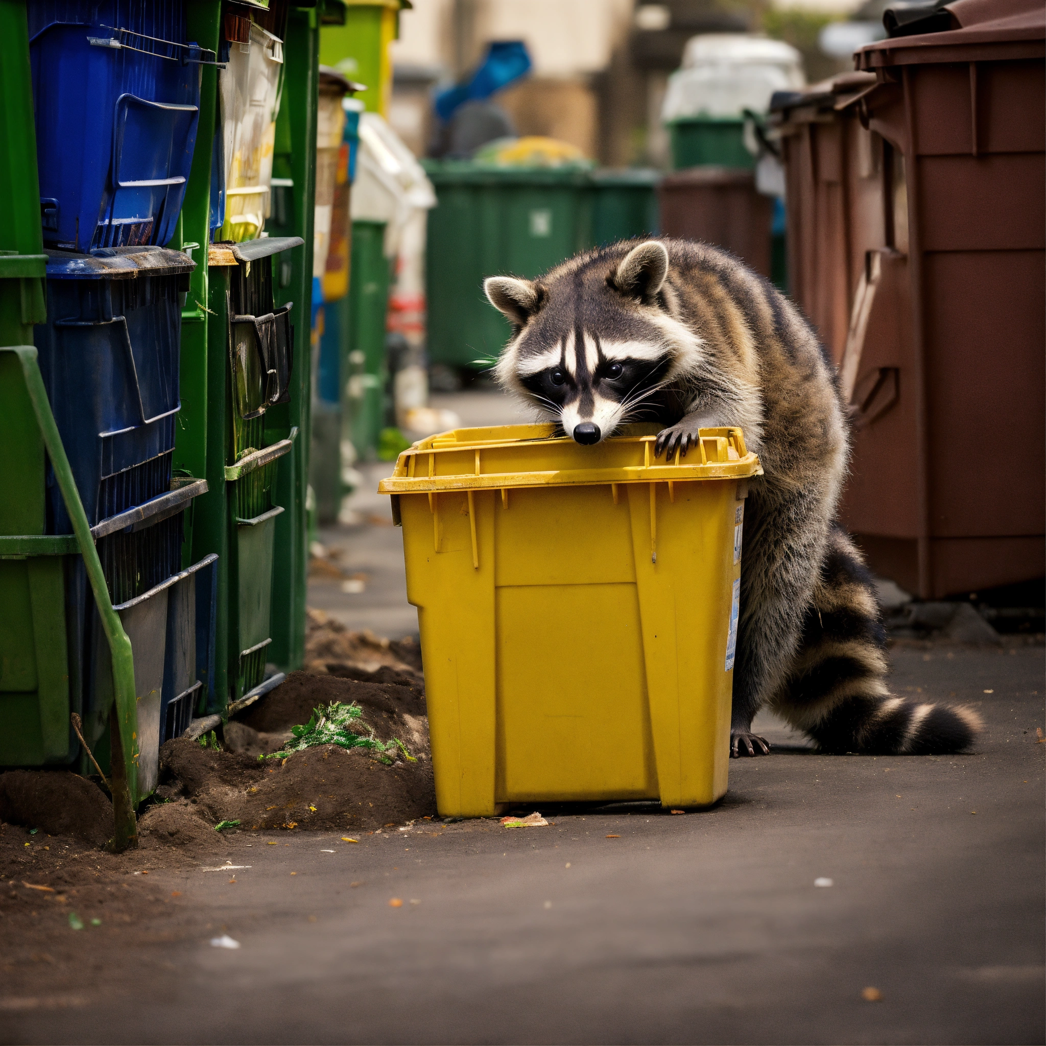 Lexica - A photograph of a raccoon digging through recycling bins, surreal