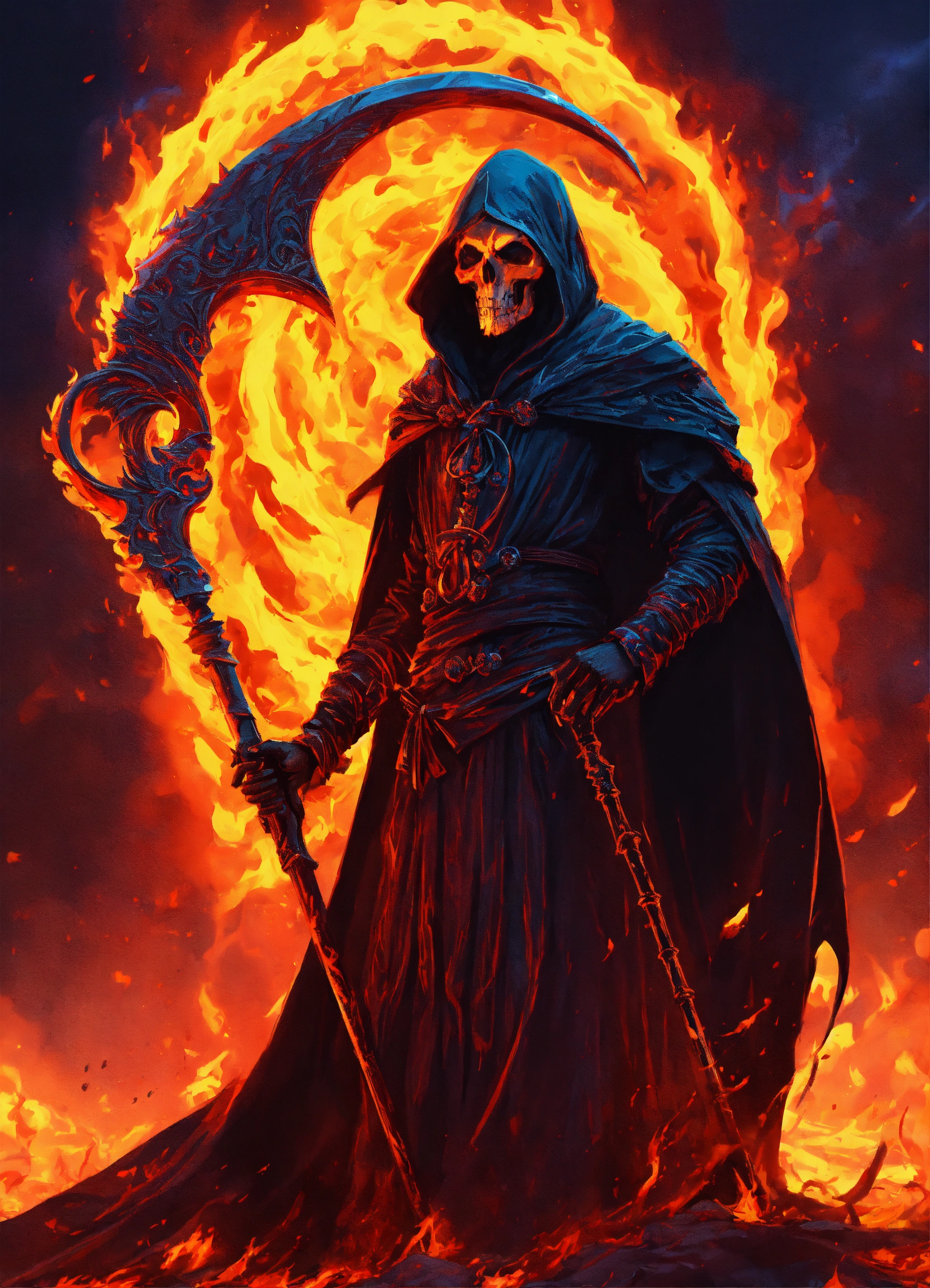 Lexica - Menacing grim reaper with flaming scythe, tattered flowing ...