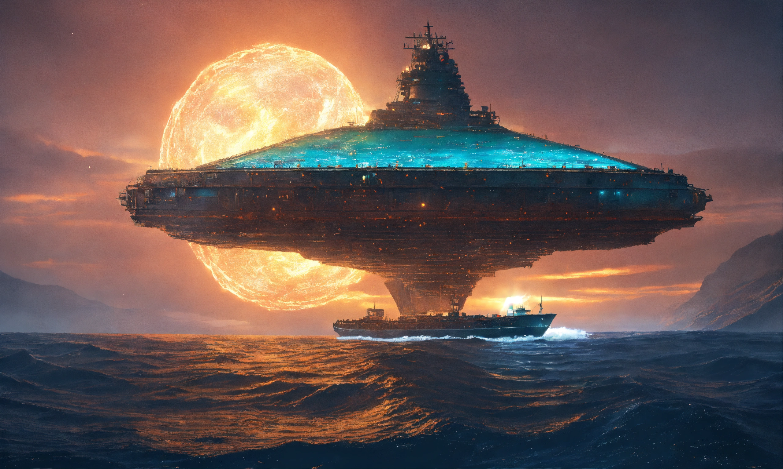 Lexica - Ship in brave sea disappearing into an interdimensional stargate