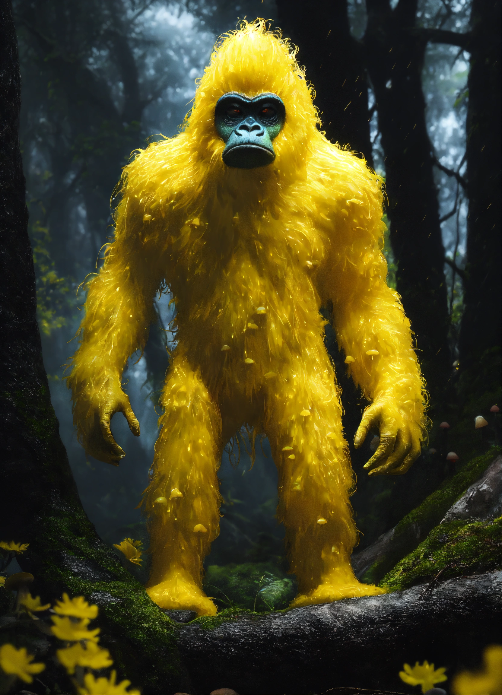 Lexica - A realiste yellow bigfoot alien , big eyes blacks , mushrooms ...