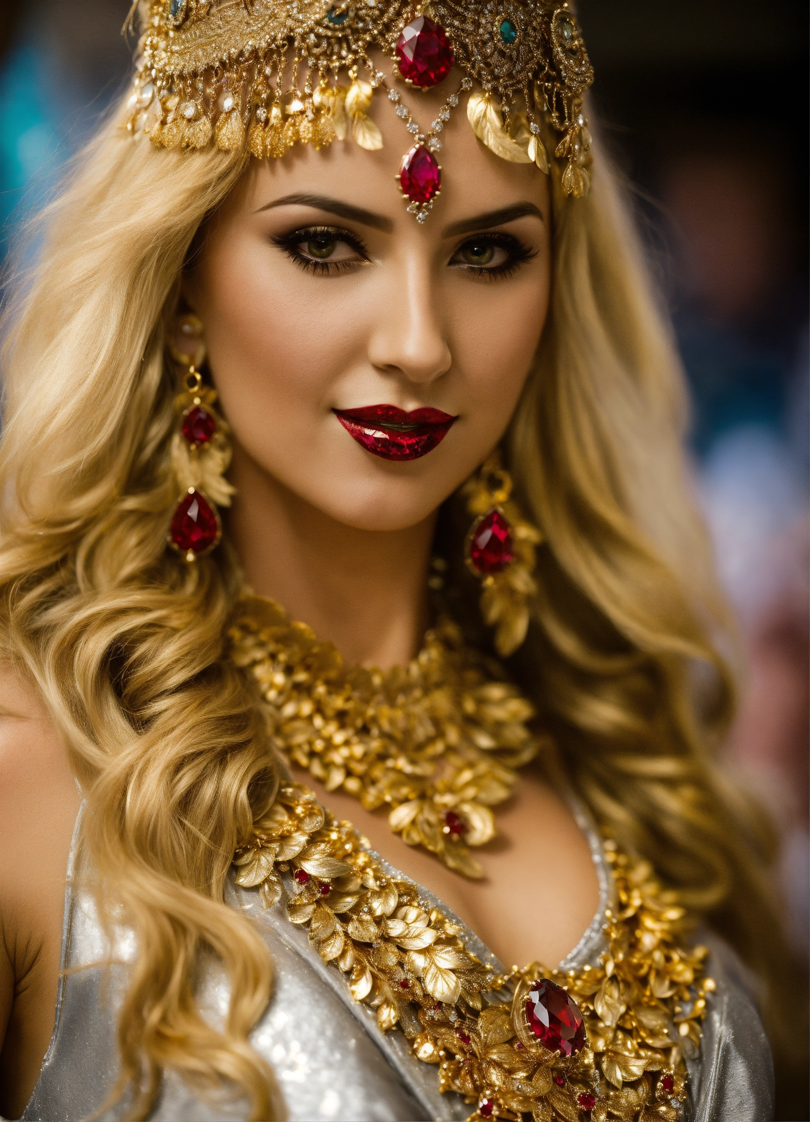 Lexica - White belly dancer in silver and gold costume with ruby gold ...