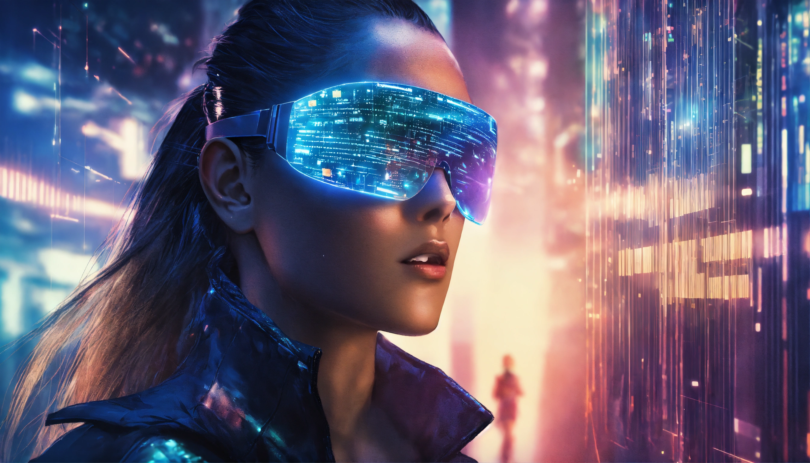 Lexica - Data runs past a cyberpunk woman wearing futuristic clothing and large plexiglass ...