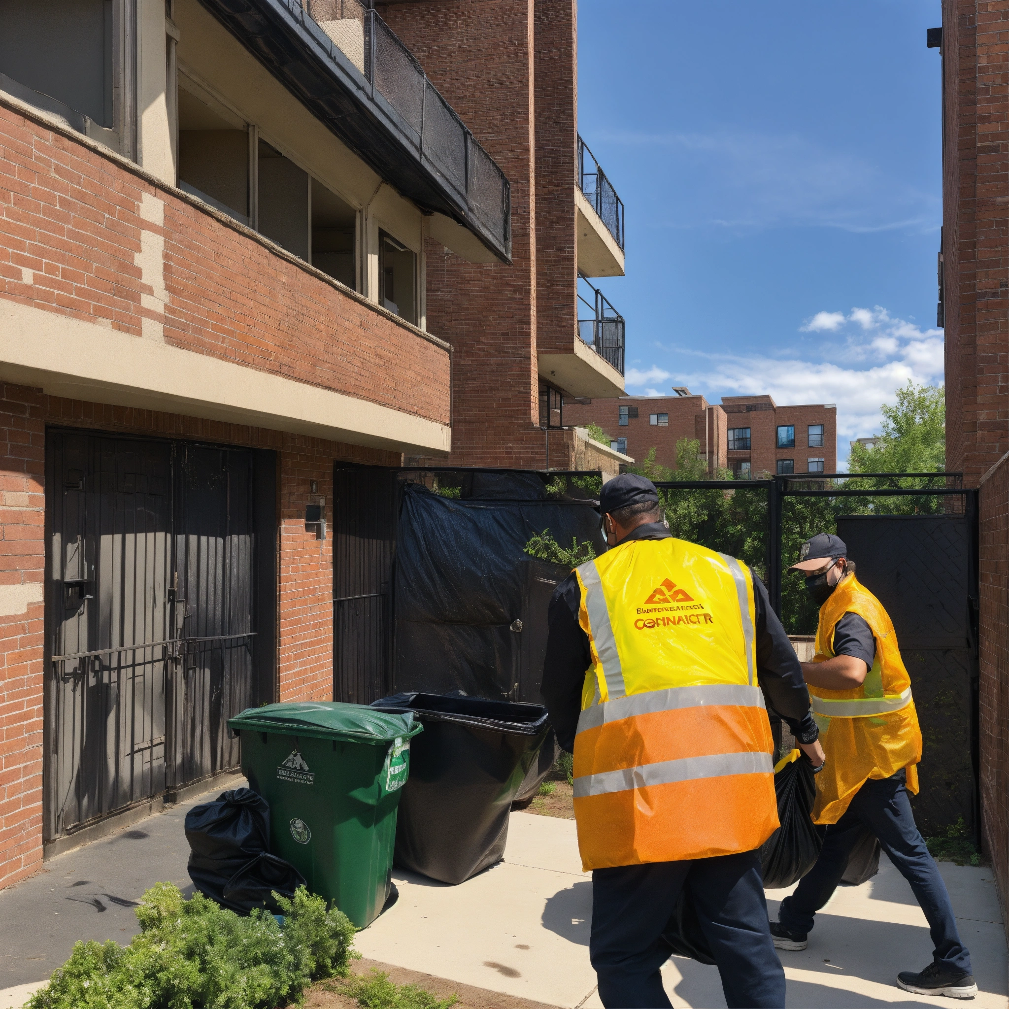 Lexica - A photo of a man taking a garbage bag out to a dumpster behind ...