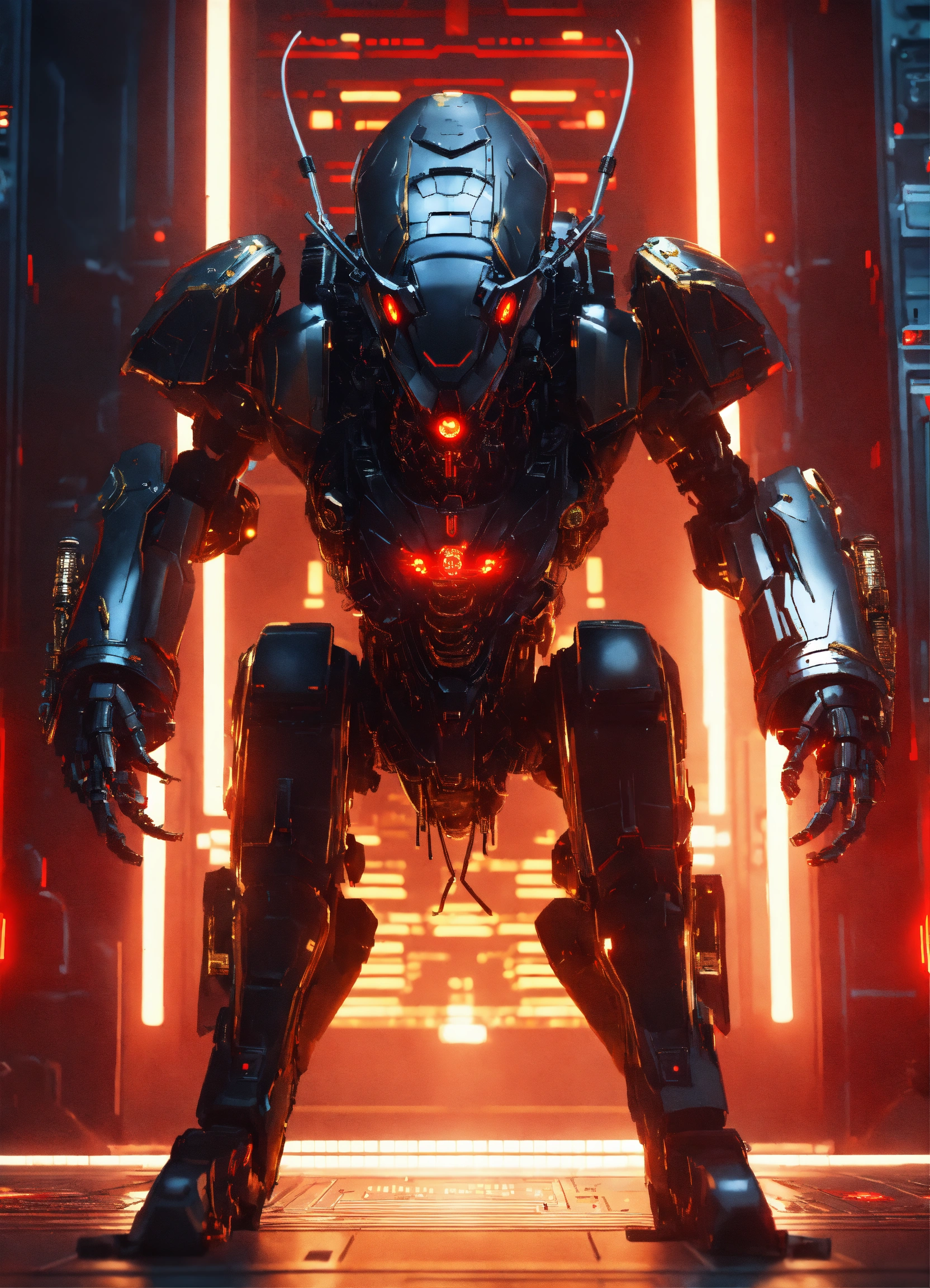 Lexica - Zoom out of black cockroach faced humanoid with red glowing ...