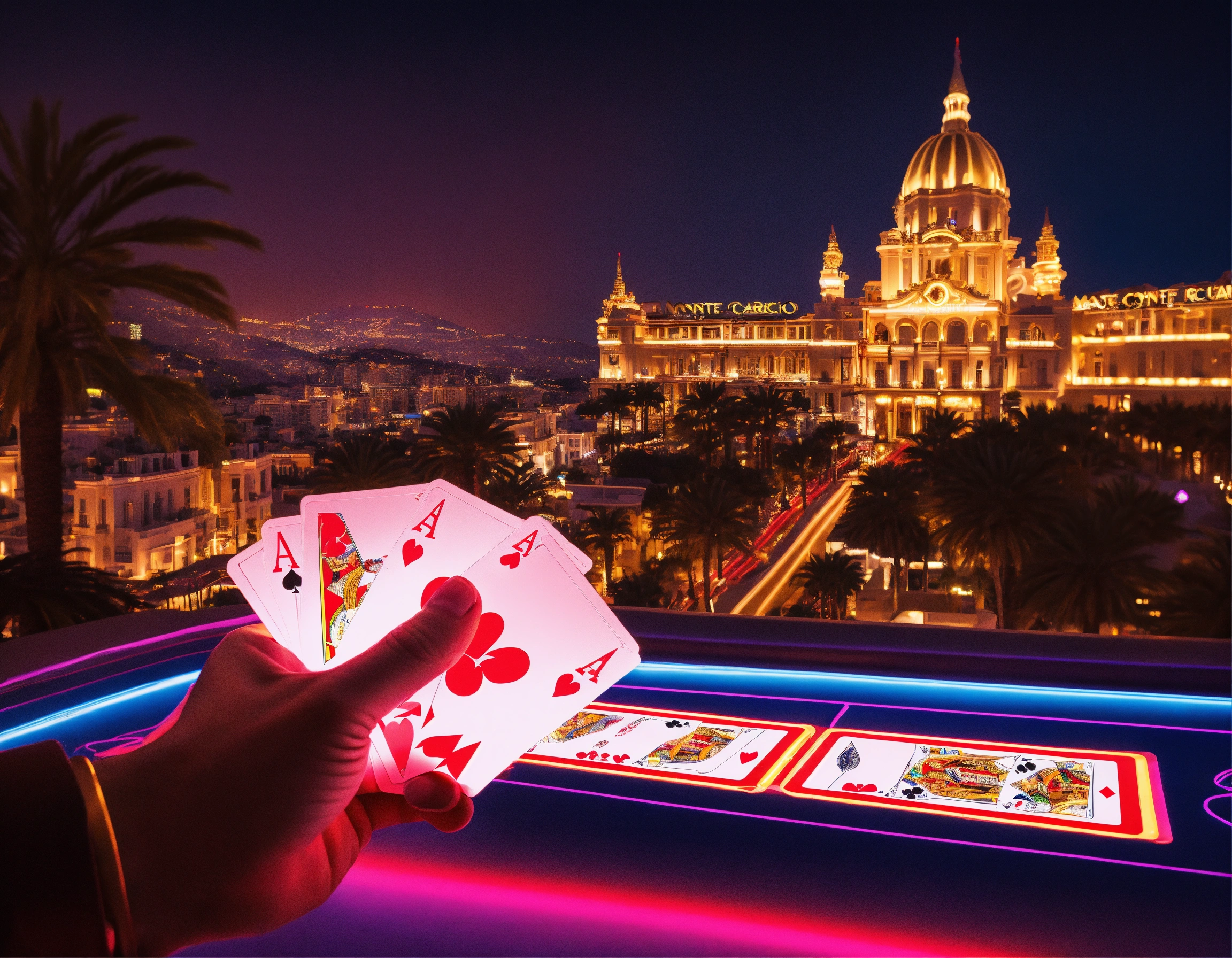 Lexica - MONTE CARLO, HIGH ROLLER SUITE HAND ON ACE CARD, 8K, NEON LIGHT