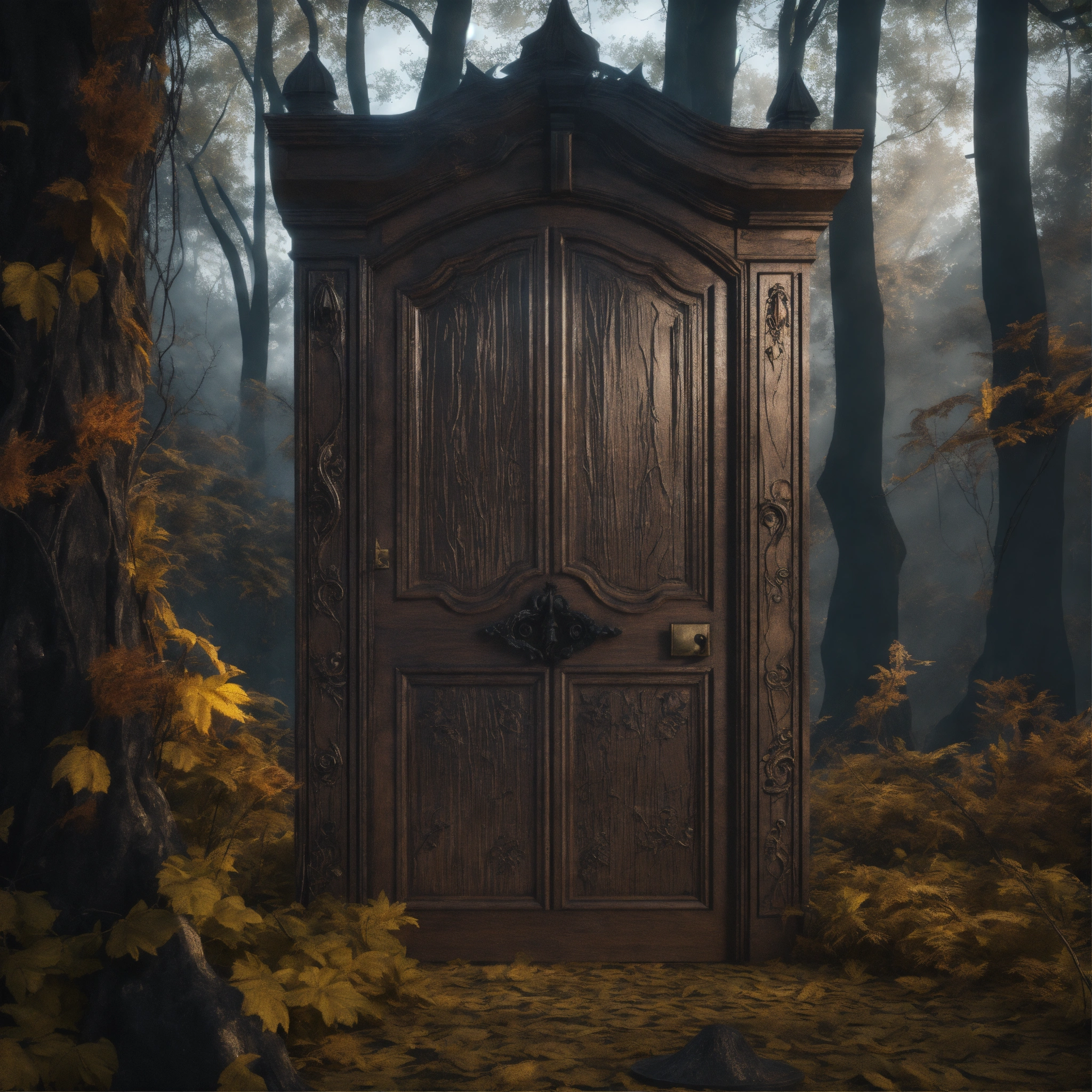 Lexica - 3D creepy haunted doors engraved scarecrow in a wicked forest ...