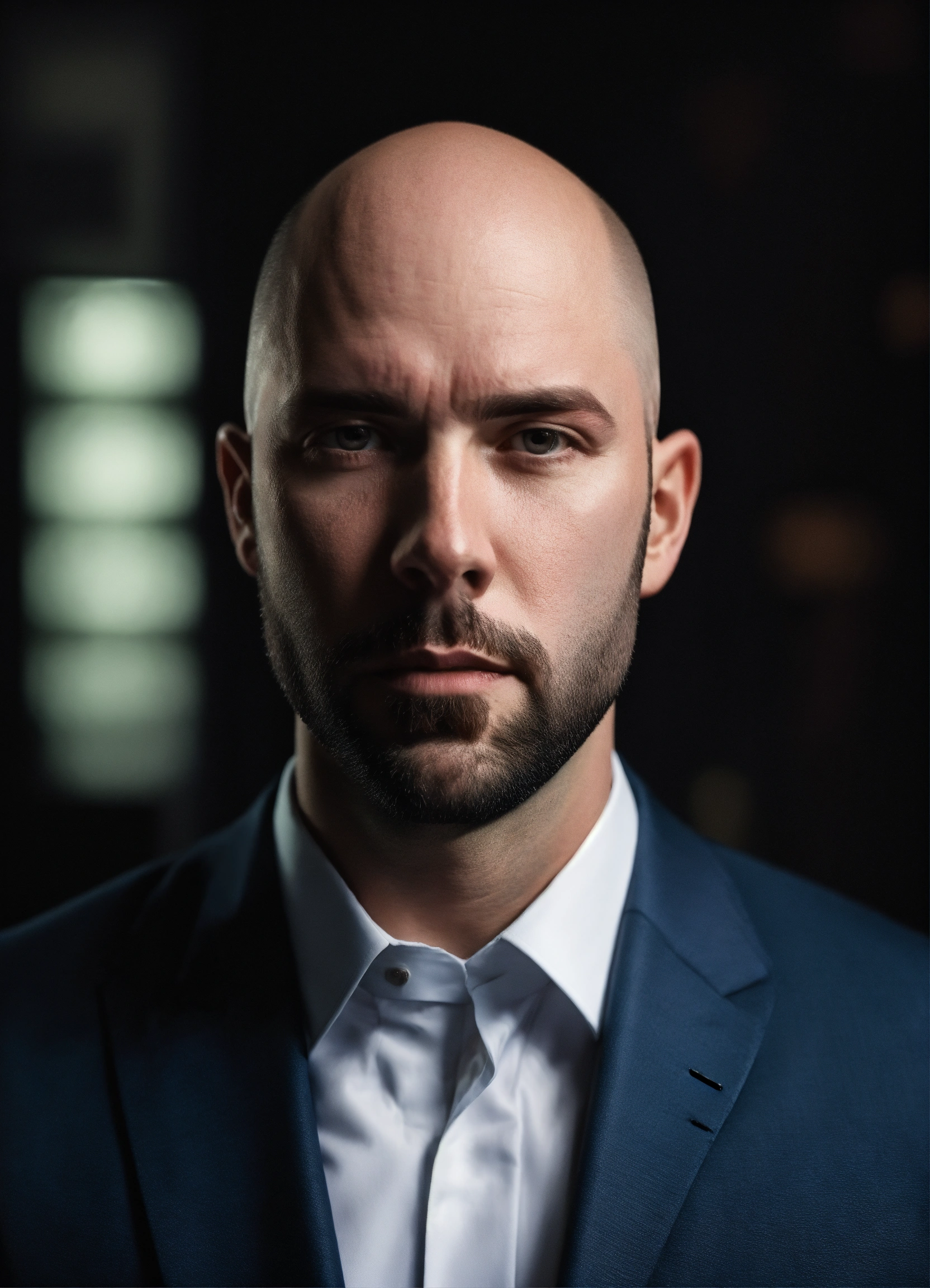 Lexica - Image of bald andrew tate, with stubble ,in a suit, facing at ...