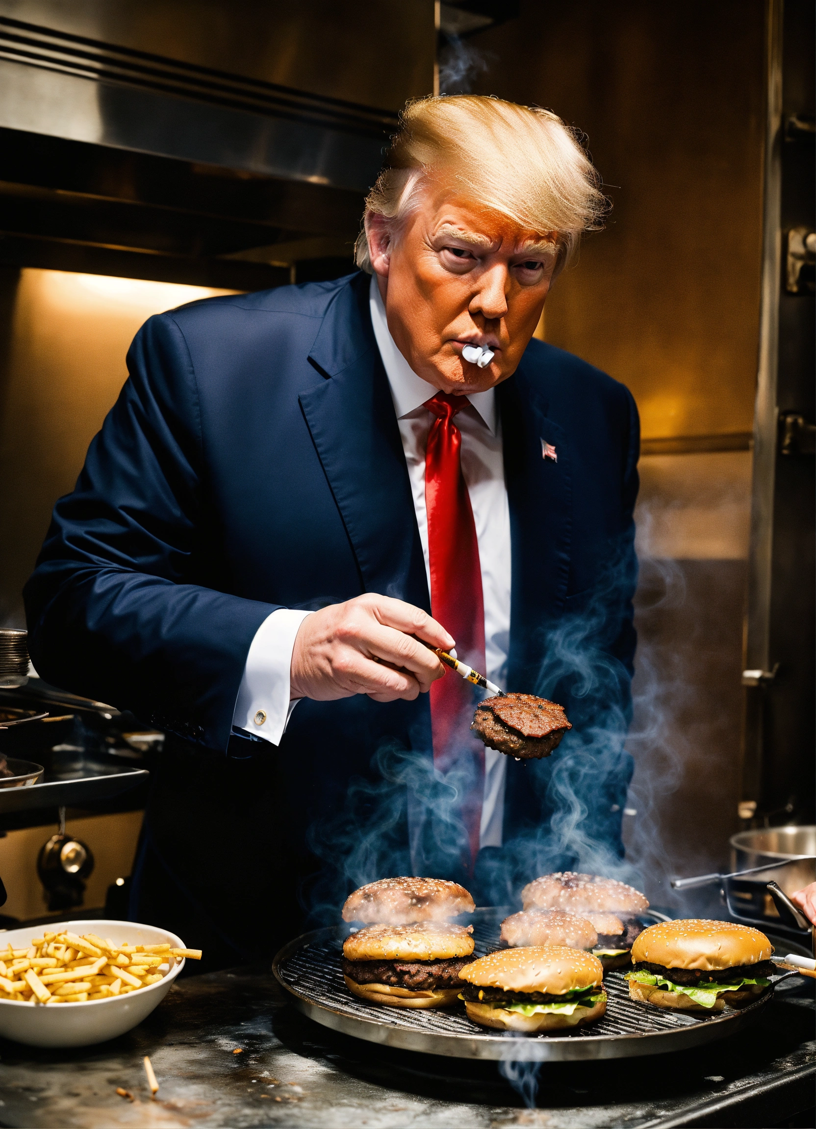 Lexica - Donald trump cooking burgers on a hot plate. half smoked ...
