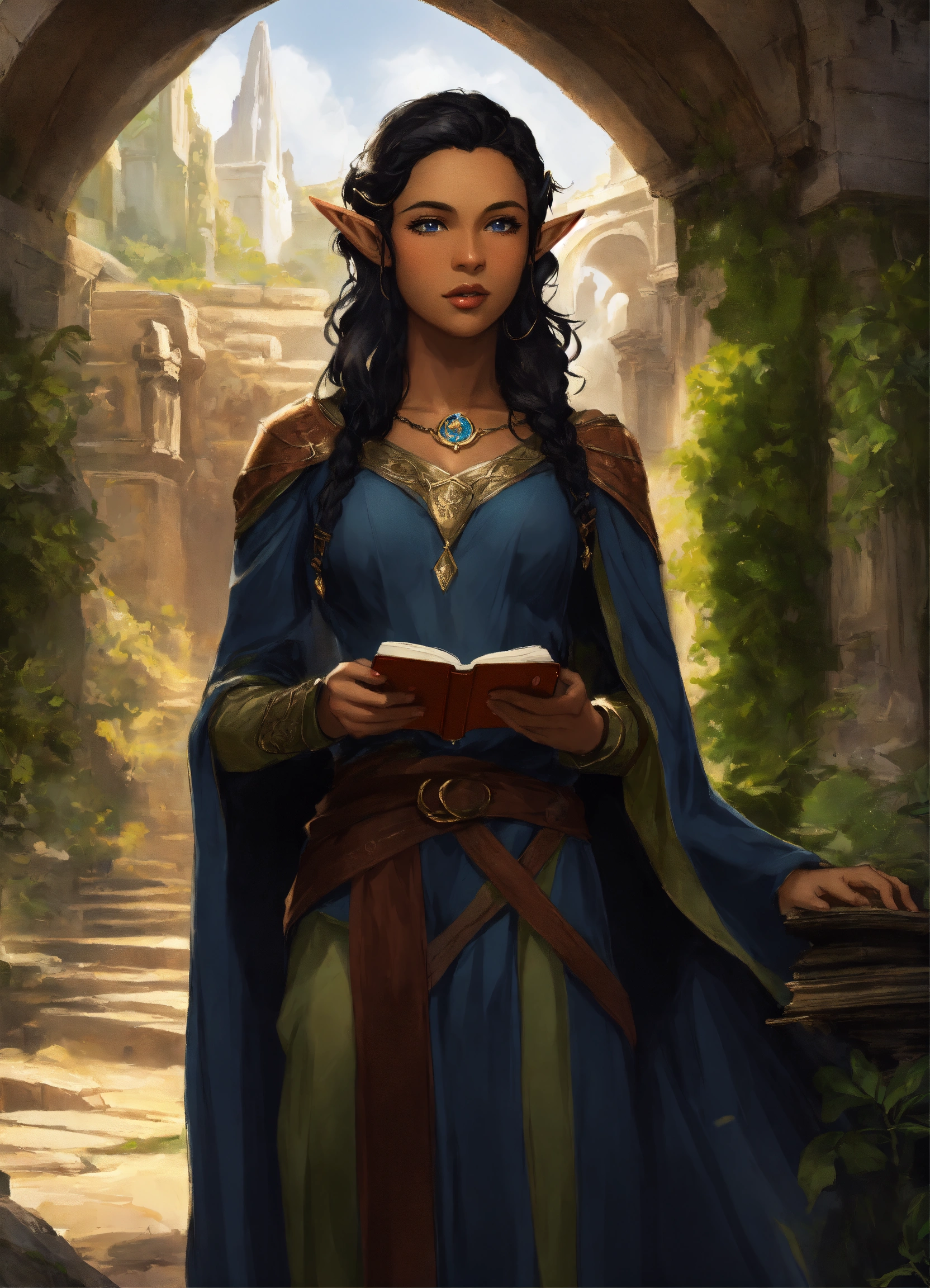 Lexica - Elf woman, short ears, adventure, dark complexion, black hair ...