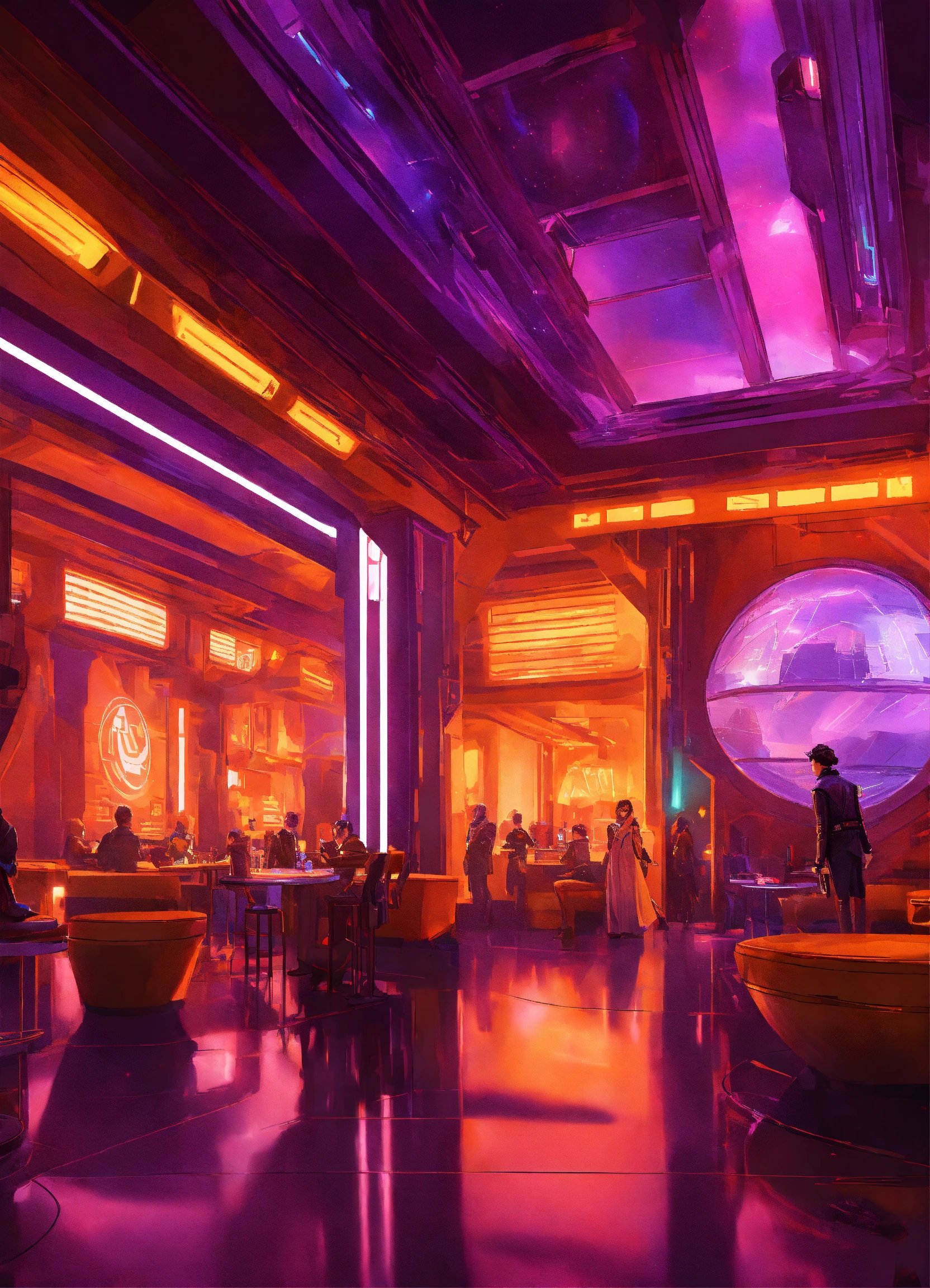 Lexica - Digital art of a Star Wars night club with purple and orange ...
