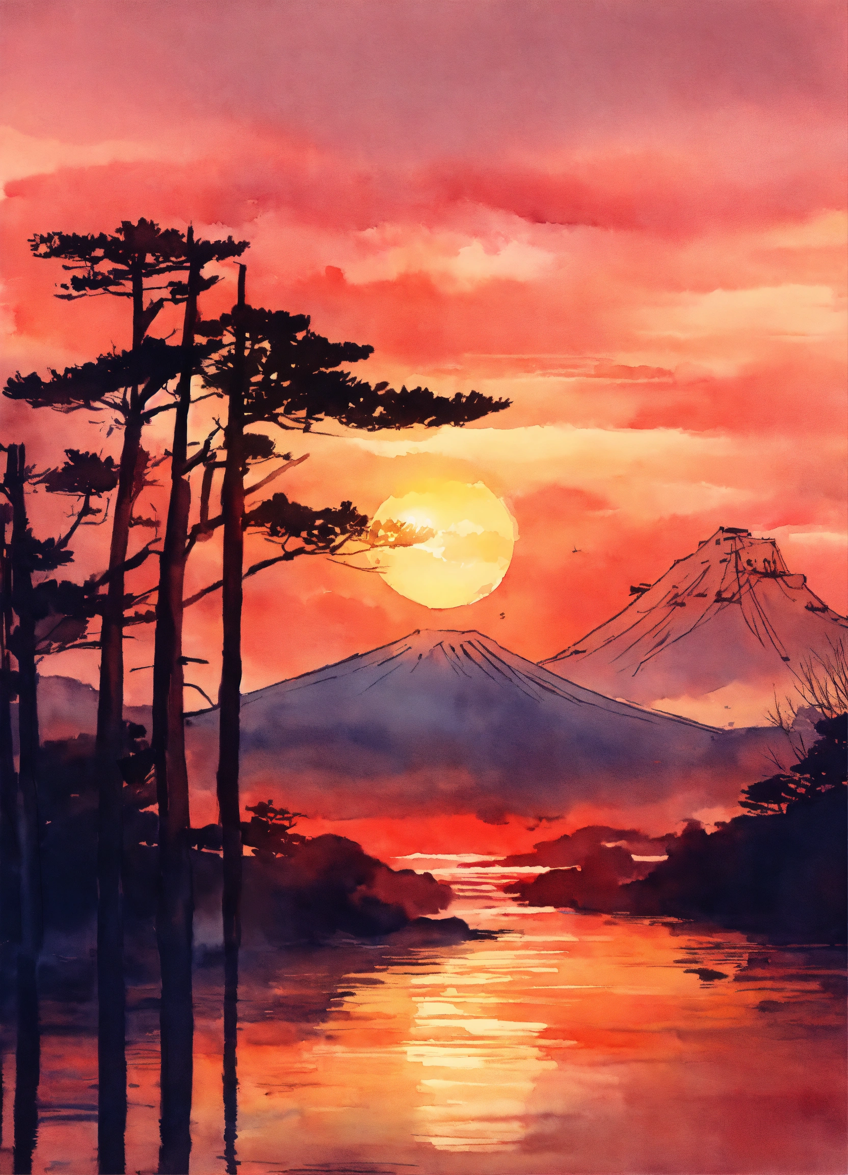 Lexica - A beautiful japanese sunset, watercolor style