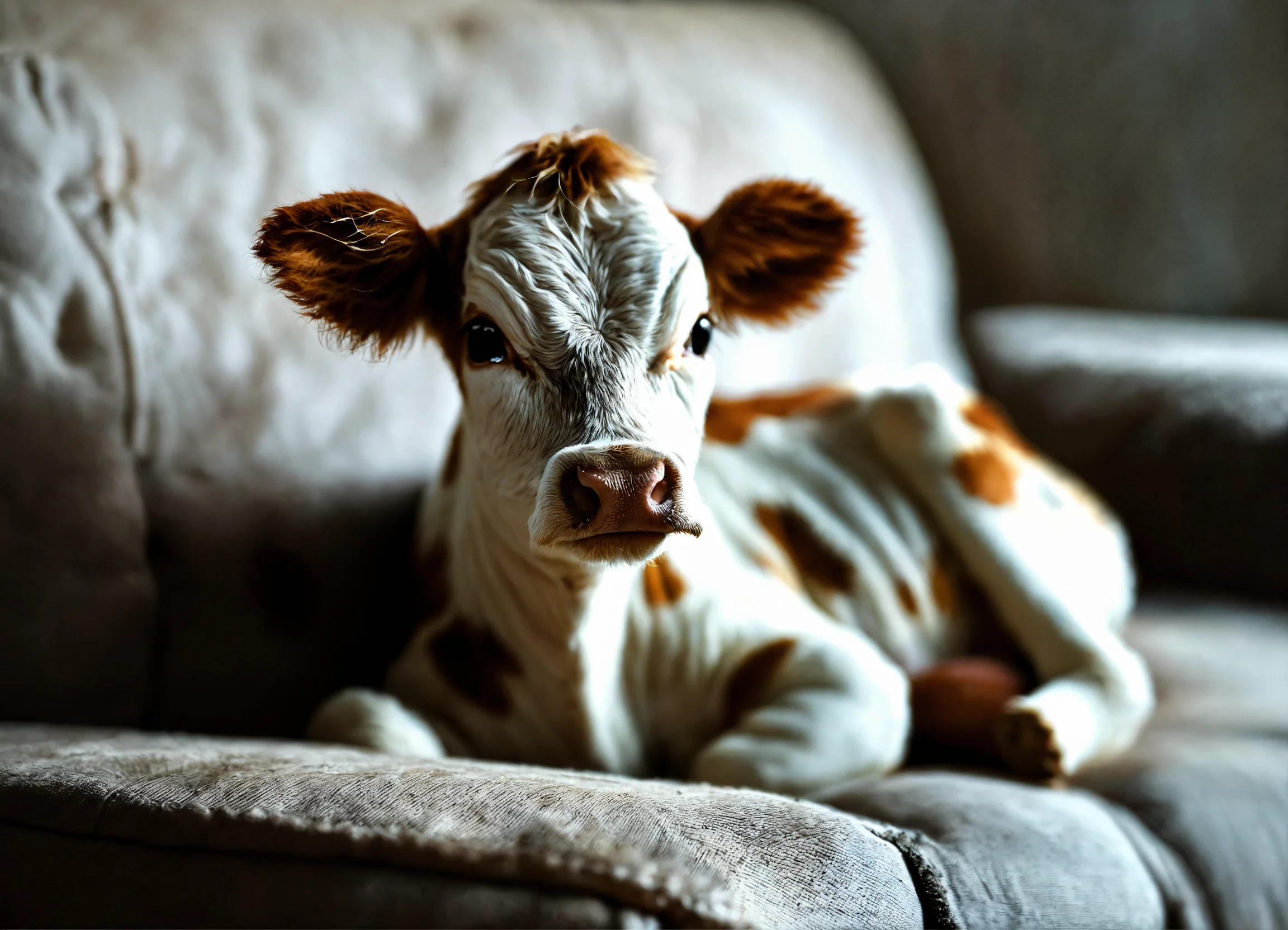 Lexica - Realistic photo of small baby cow sitting on a sofa