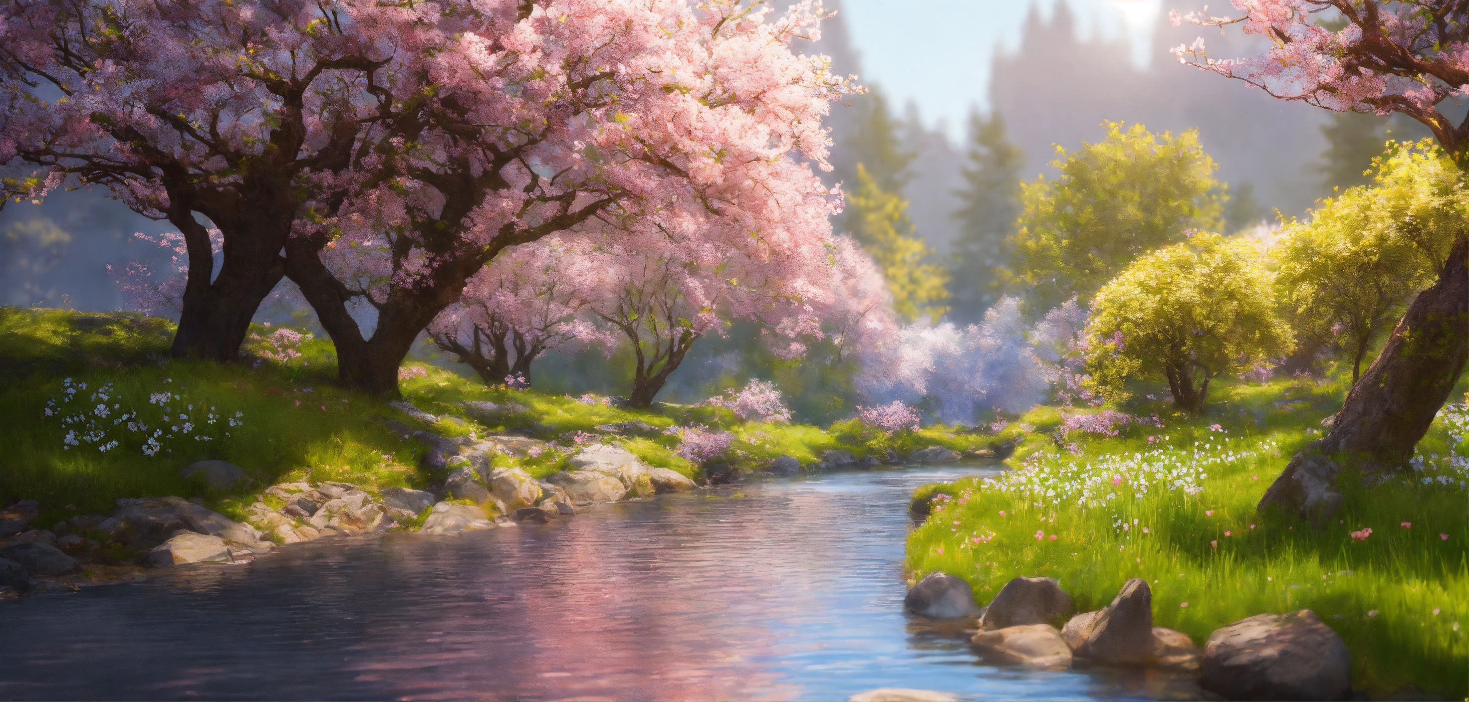 Lexica - A serene and majestic spring landscape with blossoming trees ...