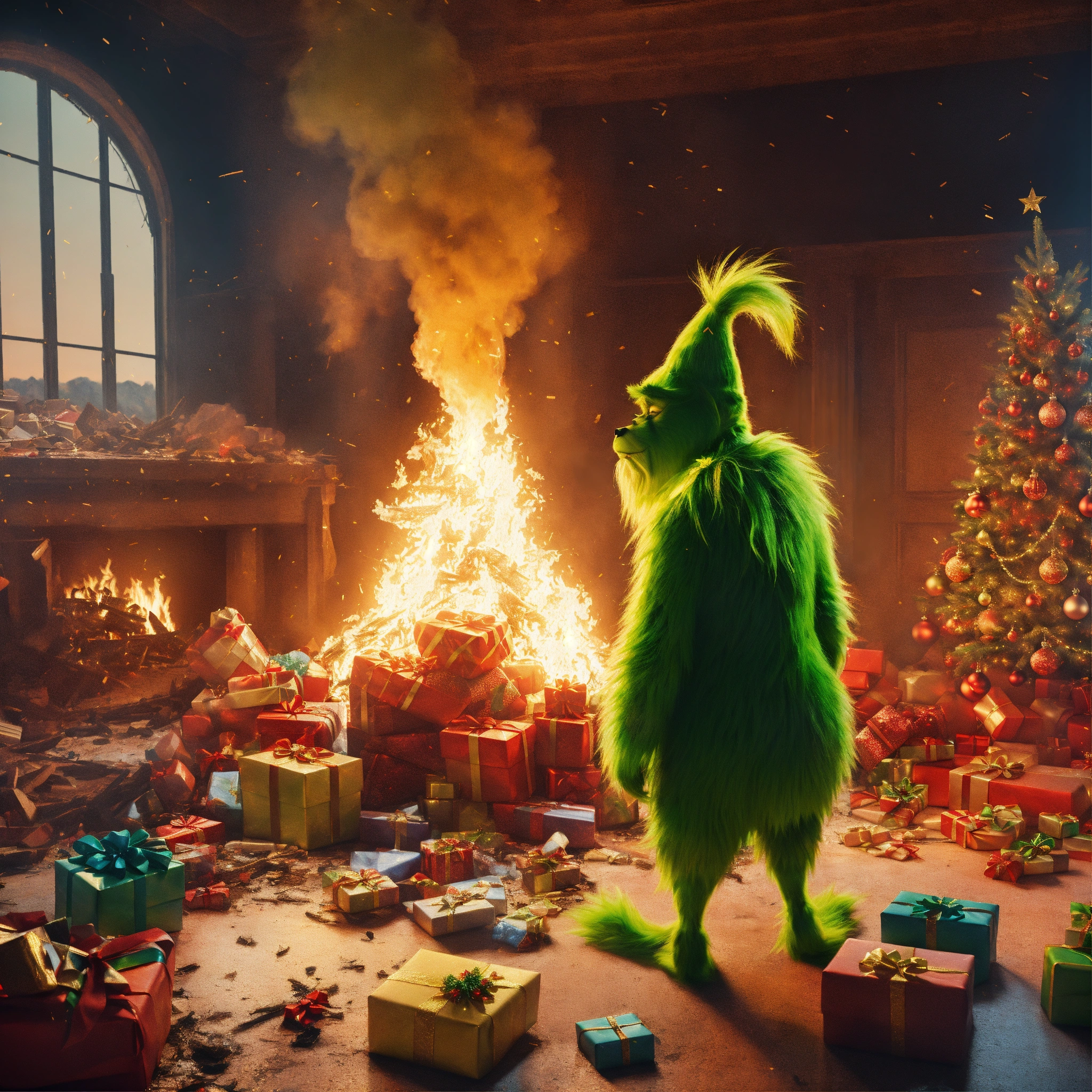 Lexica - A classical painting of Grinch standing around destroyed gifts ...