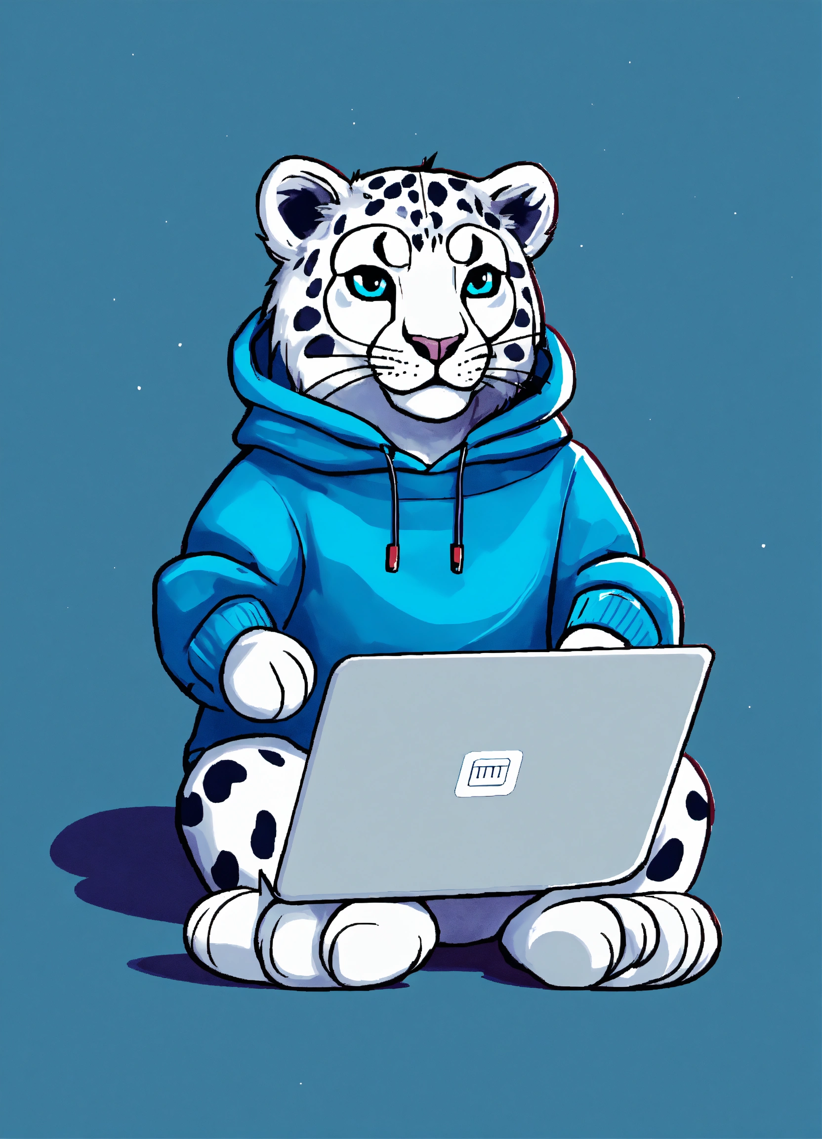 Lexica - Snow leopard in a blue sweatshirt with a laptop Cute 2d simple ...