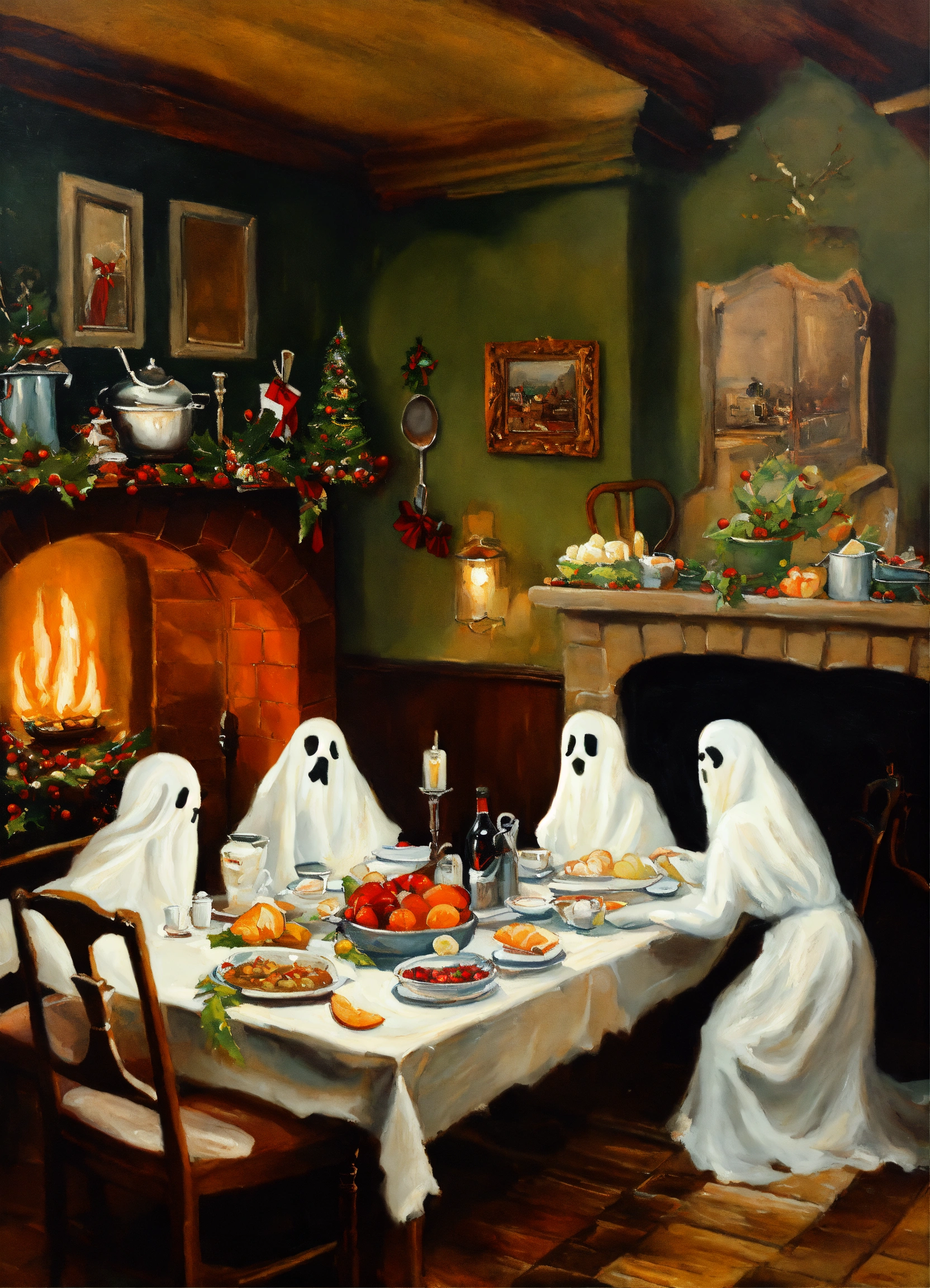 Lexica - Ghosts in a vintage kitchen enjoying their Christmas meals oil ...