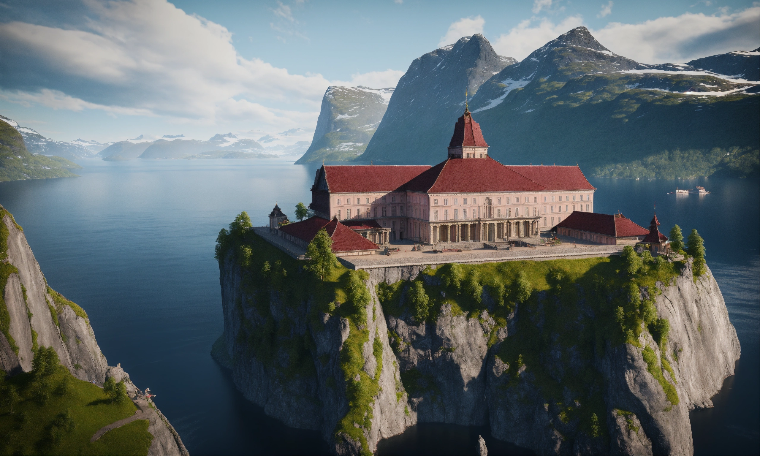 Lexica - Full image of a massive royal palace with a maroon roof on a cliff overlooking a Fjord ...