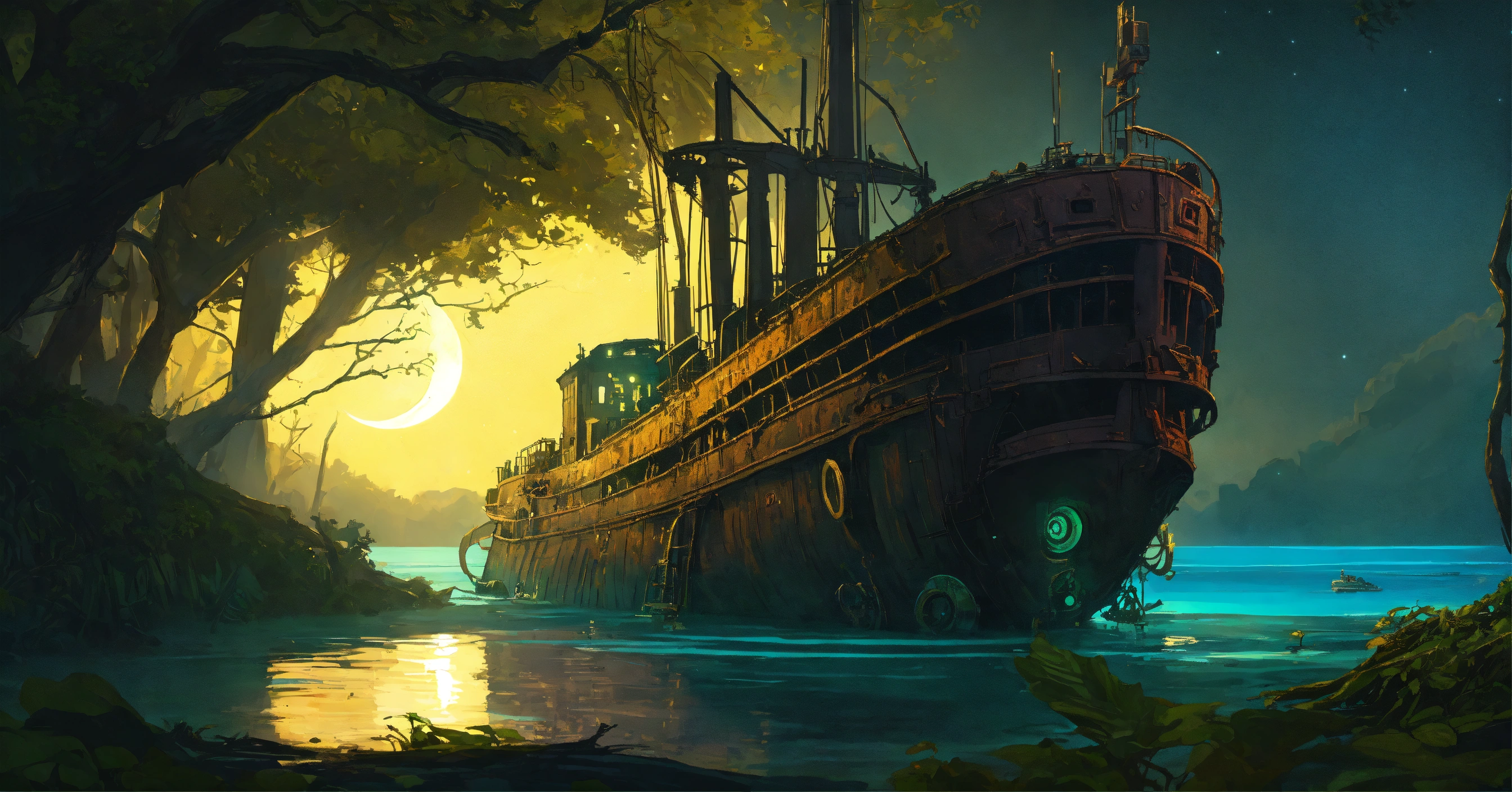 Lexica - Beached heavily overgrown steampunk submersible tilted rusty ...