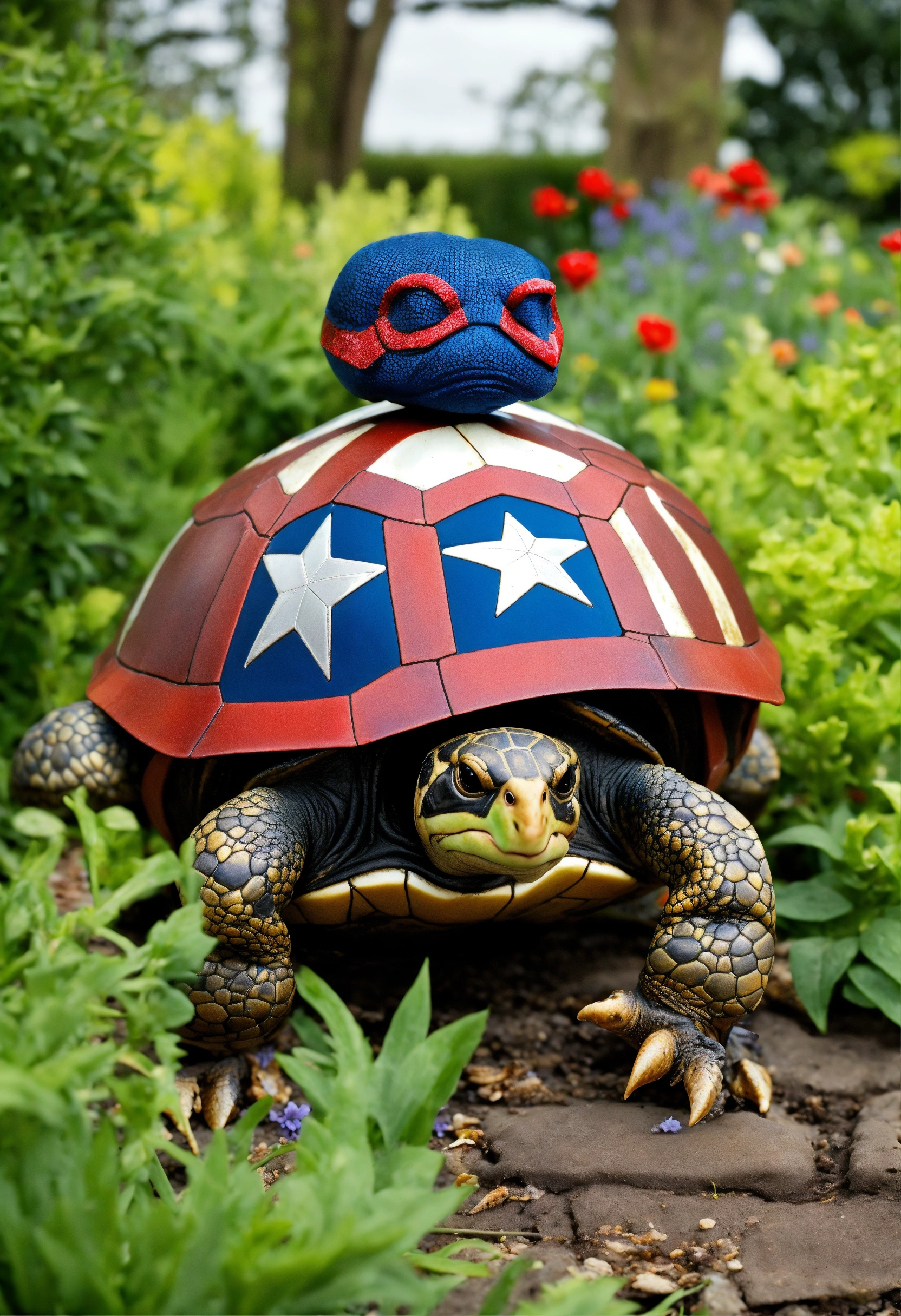 Lexica - Realistic, captain america skinned turtle, in the garden, amazing, extraordinary.