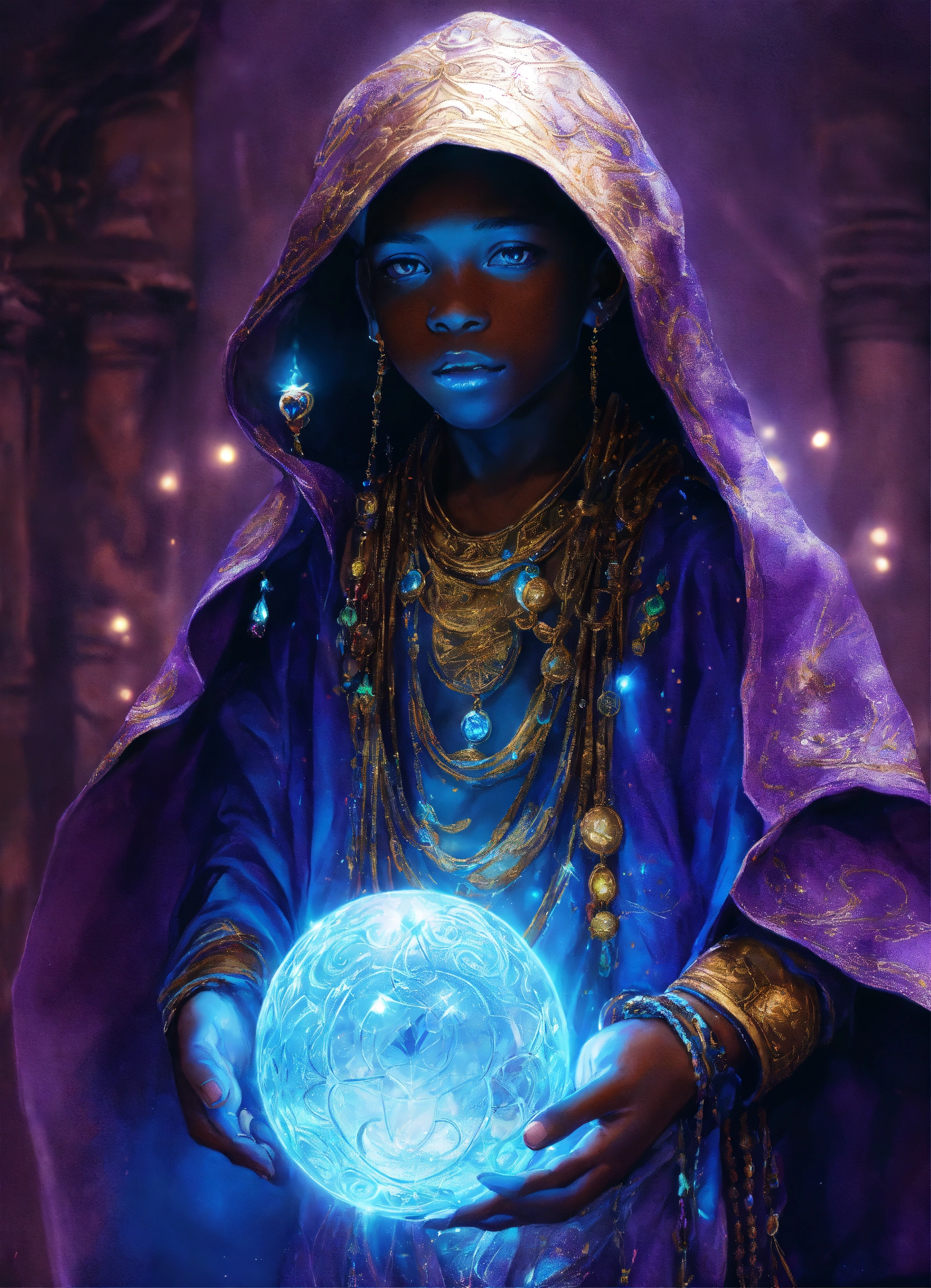 Lexica - Glowing blue-skinned African little boy, performing an ...