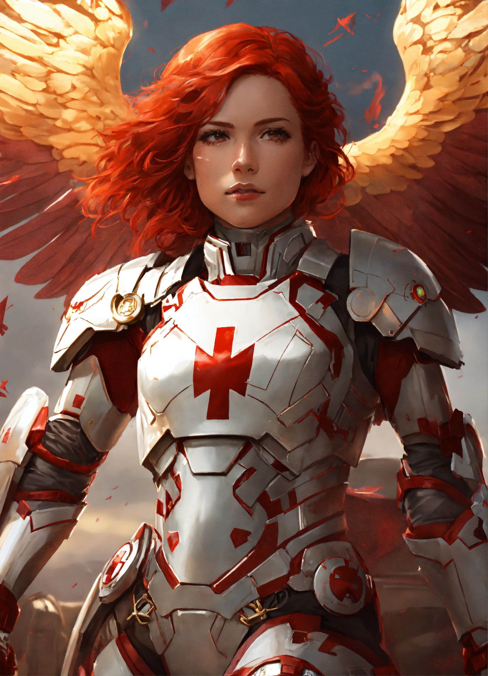 Lexica - Female athletic red hair wearing white metal Iron Man armor ...