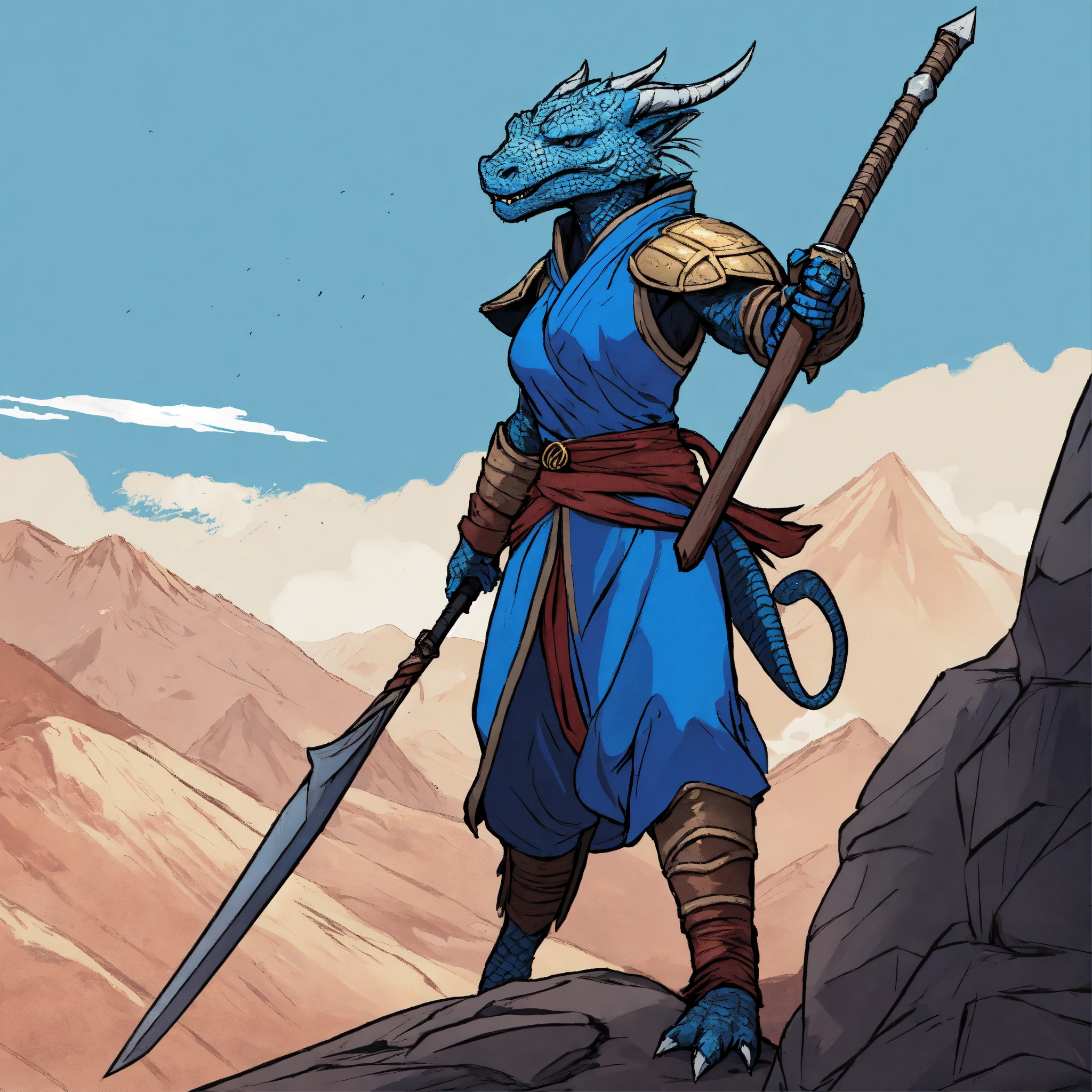 Lexica - Female Blue Dragonborn with a spear, wearing a monk robe ...