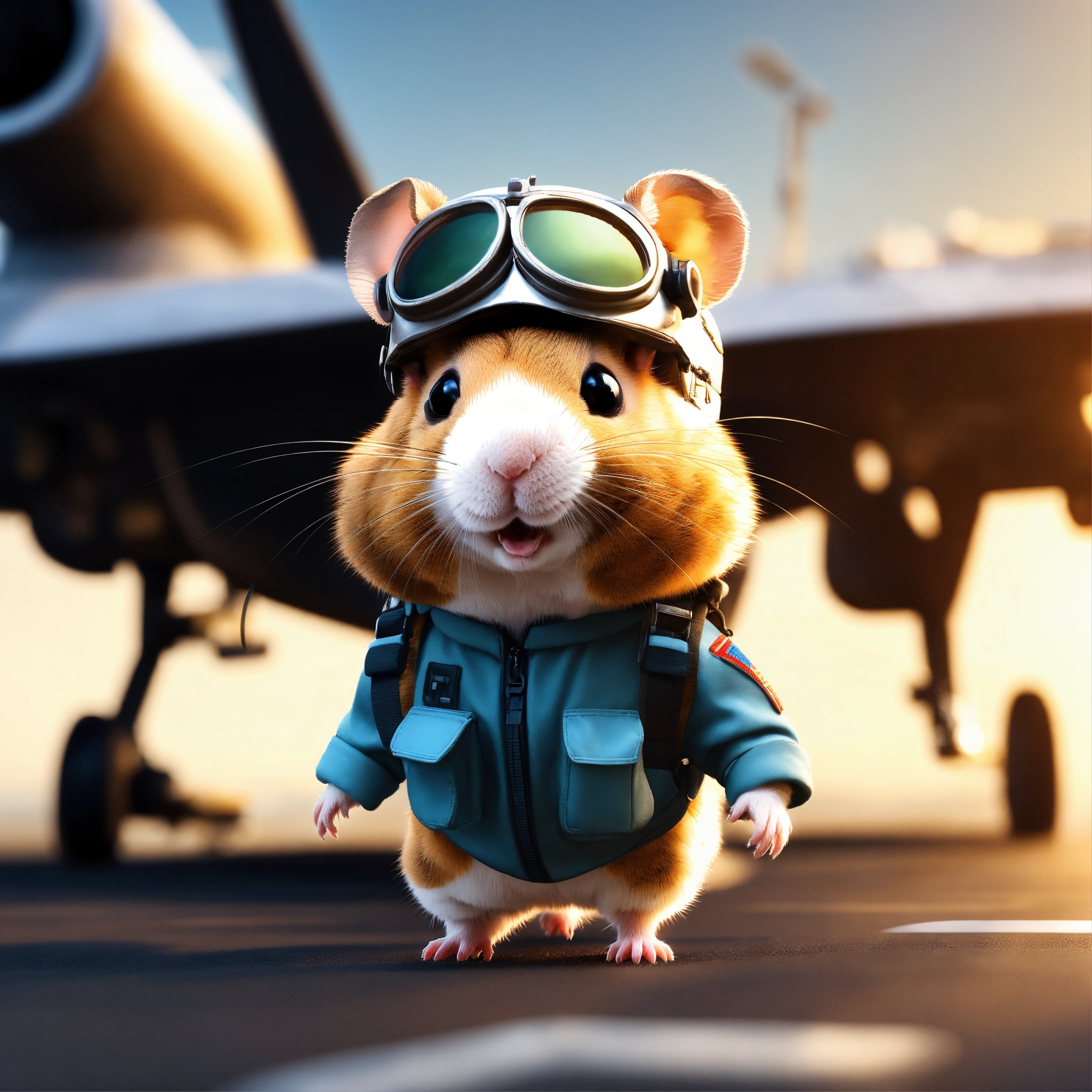 Lexica - A cute fluffy hamster pilot walking on a military aircraft ...