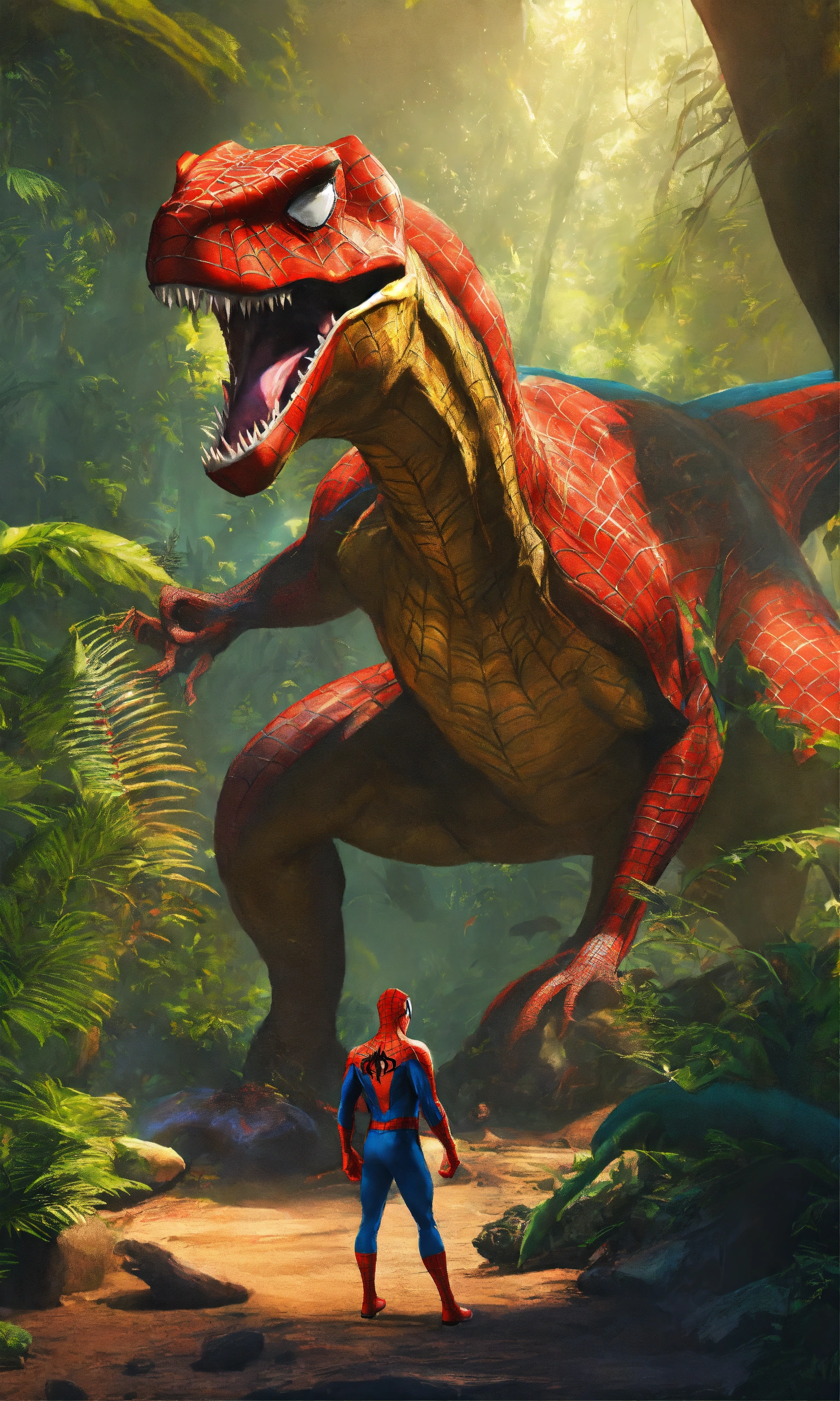 Lexica - Spiderman in front of dinosaurs in the deep jungle full-body ...