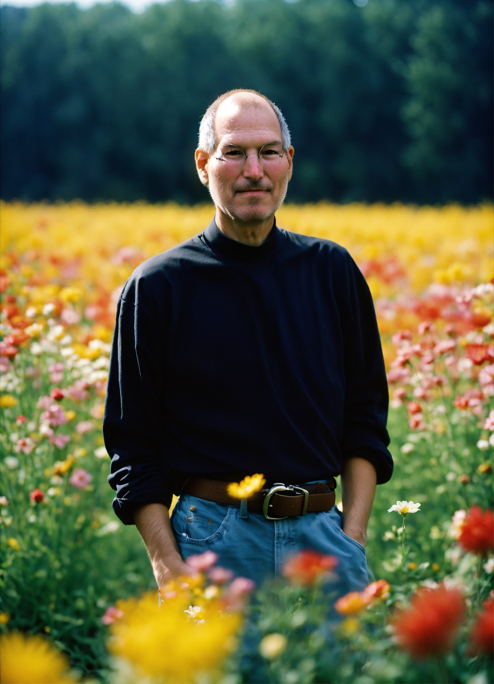 Lexica - Happy Steve Jobs standing in a beautiful field of flowers ...