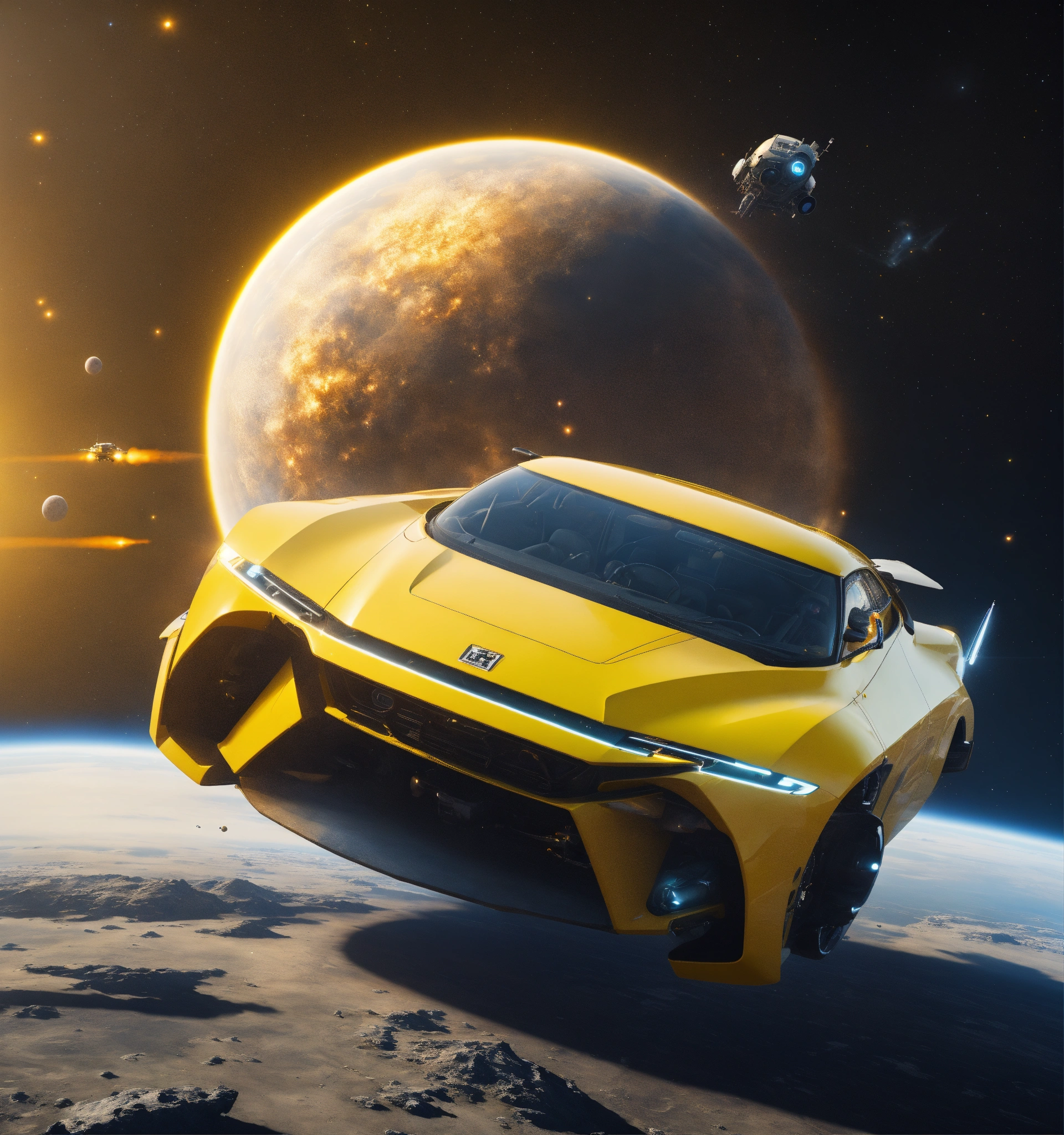 Lexica - Sleek flying yellow beat up futuristic clunker car shooting ...