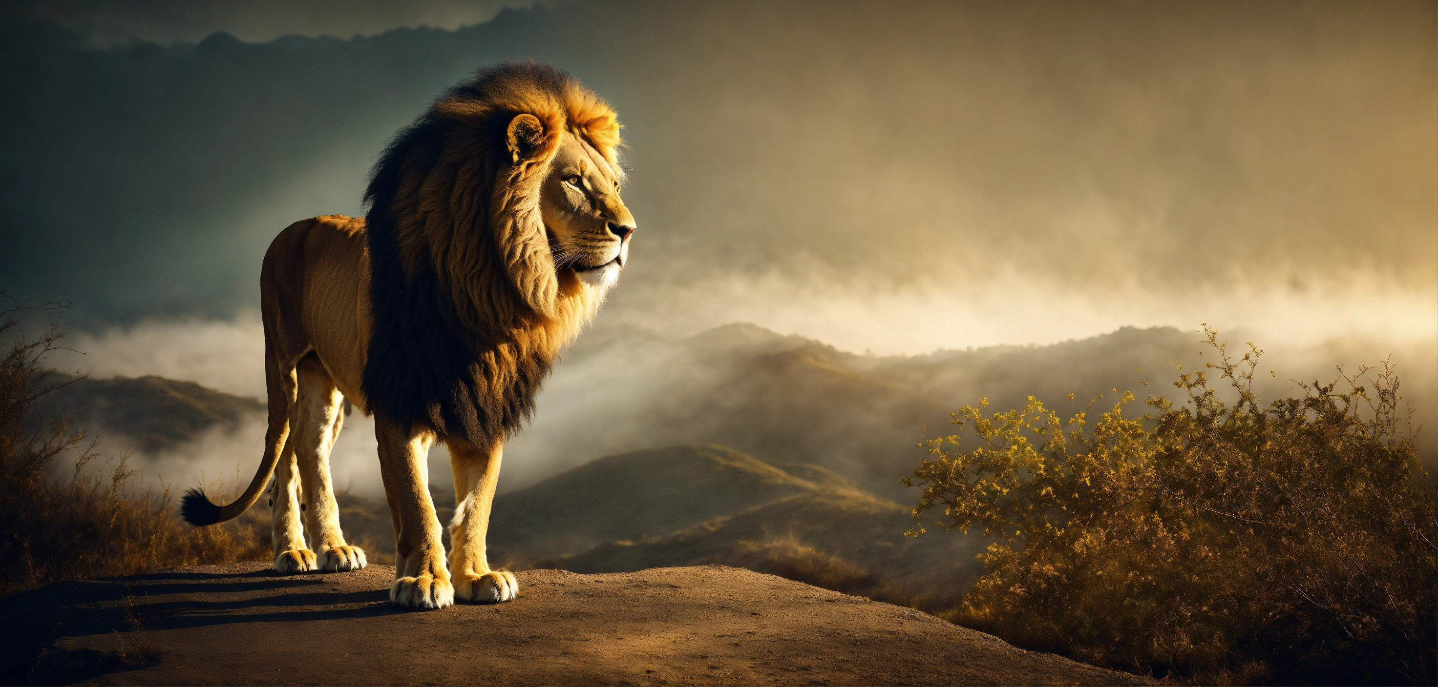 Lexica - Lion of Judah wearing a golden brown on epic dark background ...